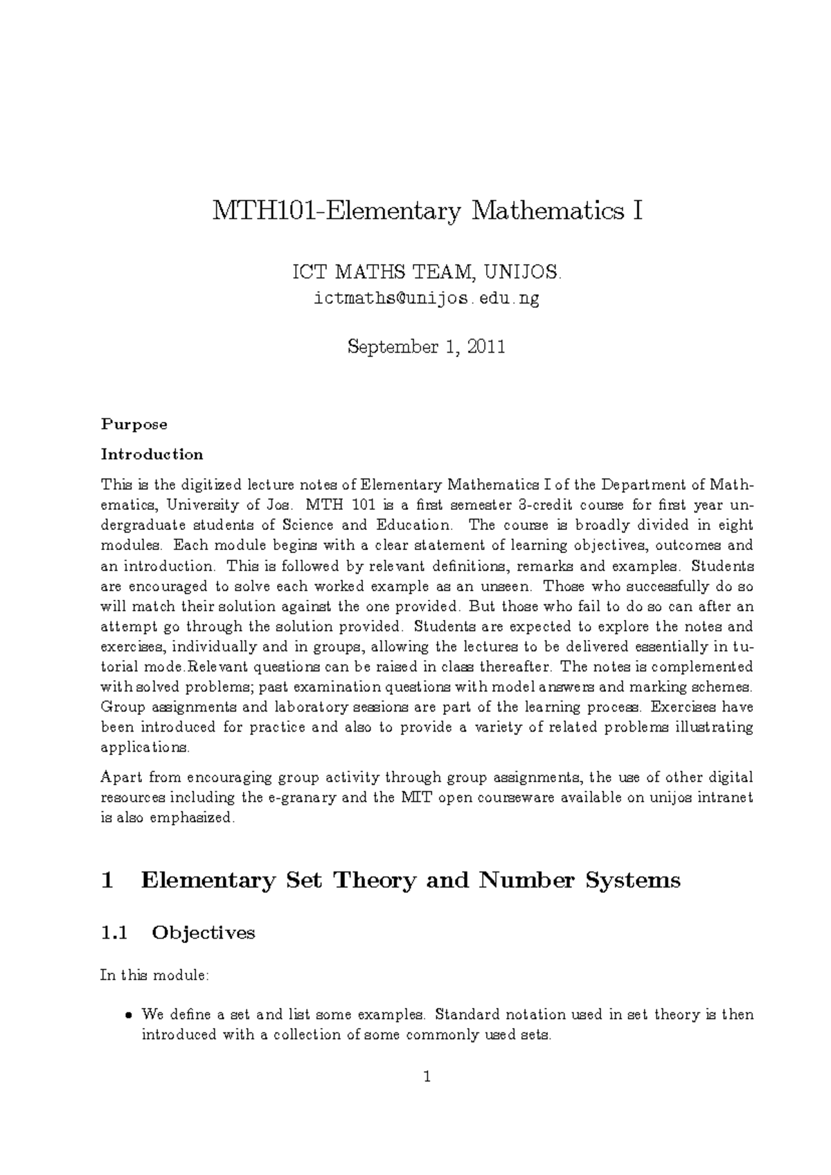MTH 101 Lecture Notes: Elementary Mathematics I Overview - Studocu