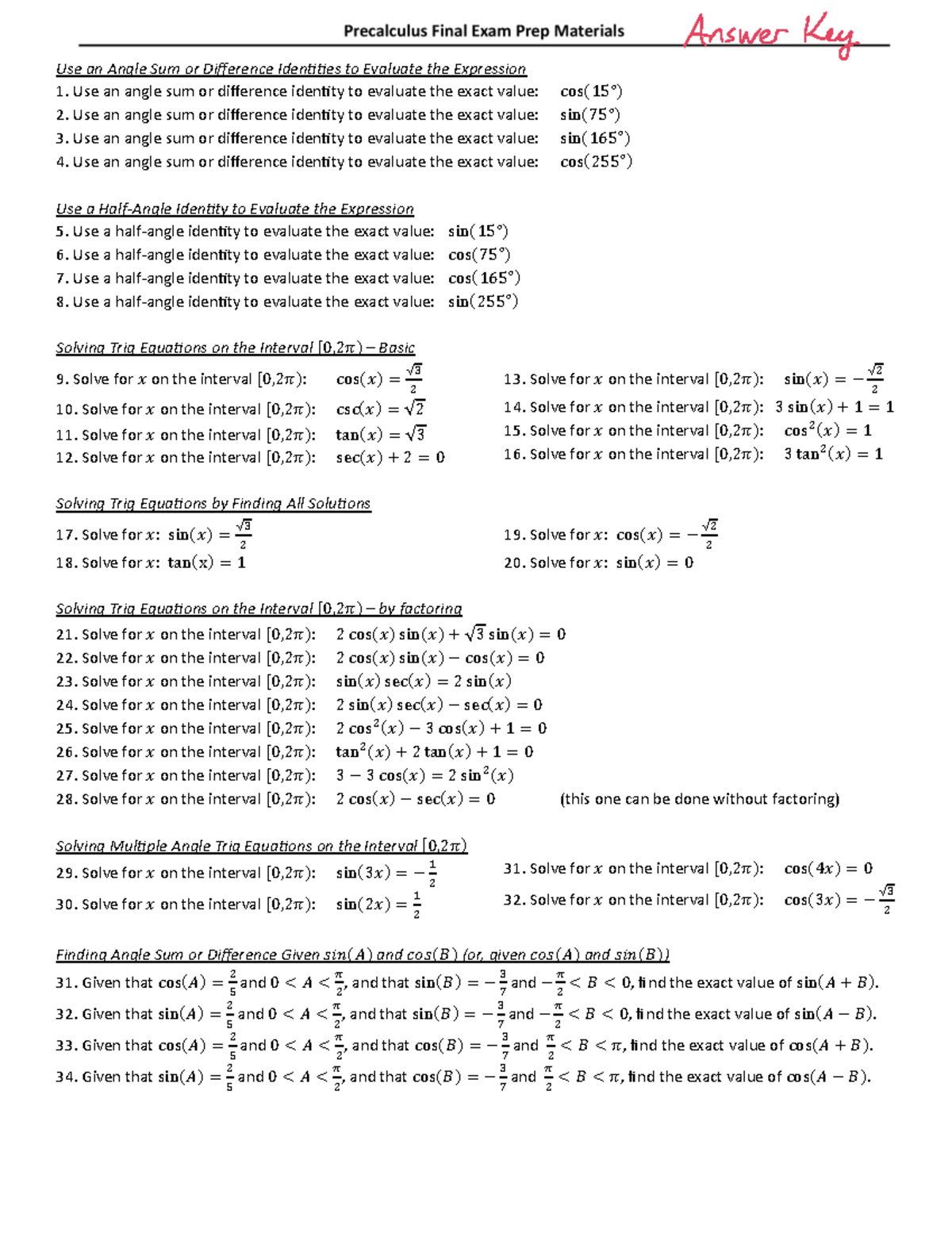 Precalculus (MATH 101) Final Exam Prep - Solutions and Key Concepts ...