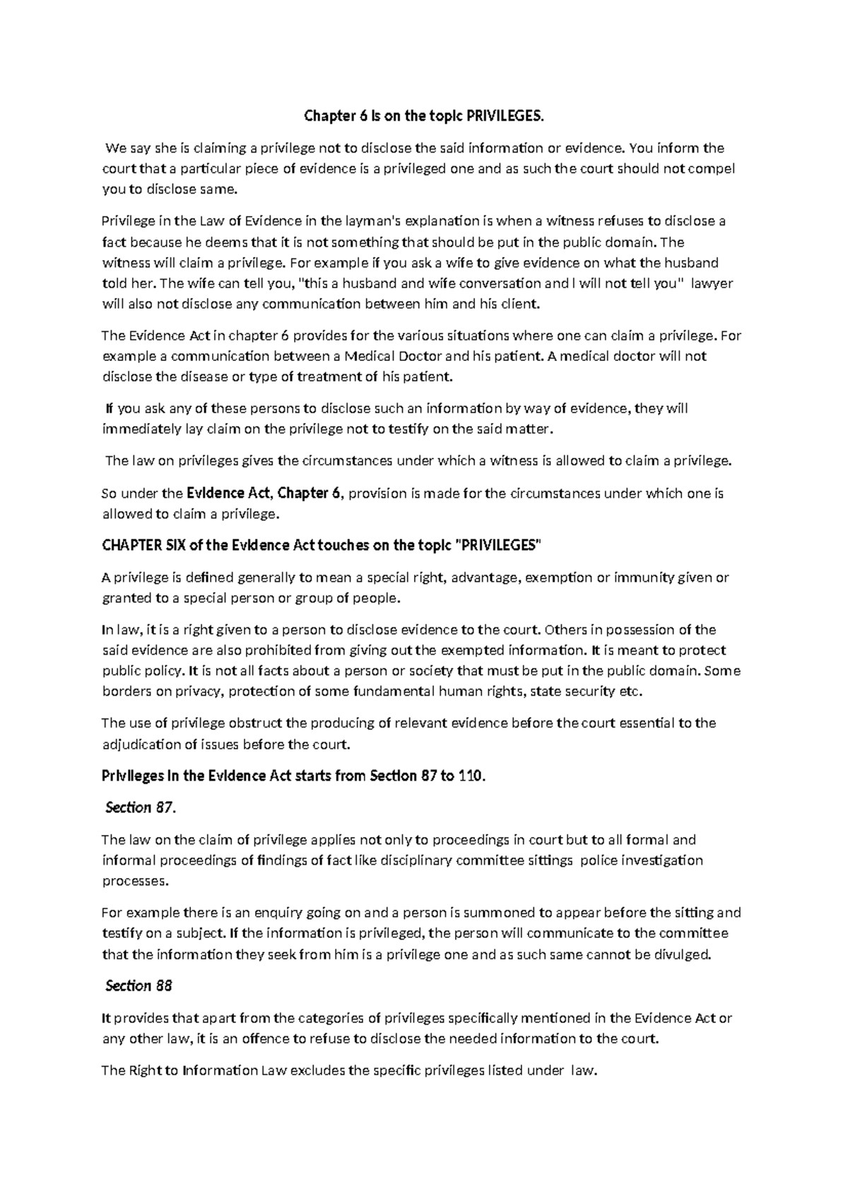 LAW OF EVIDENCE (Chapter 6): Understanding Privileges in Court - Studocu