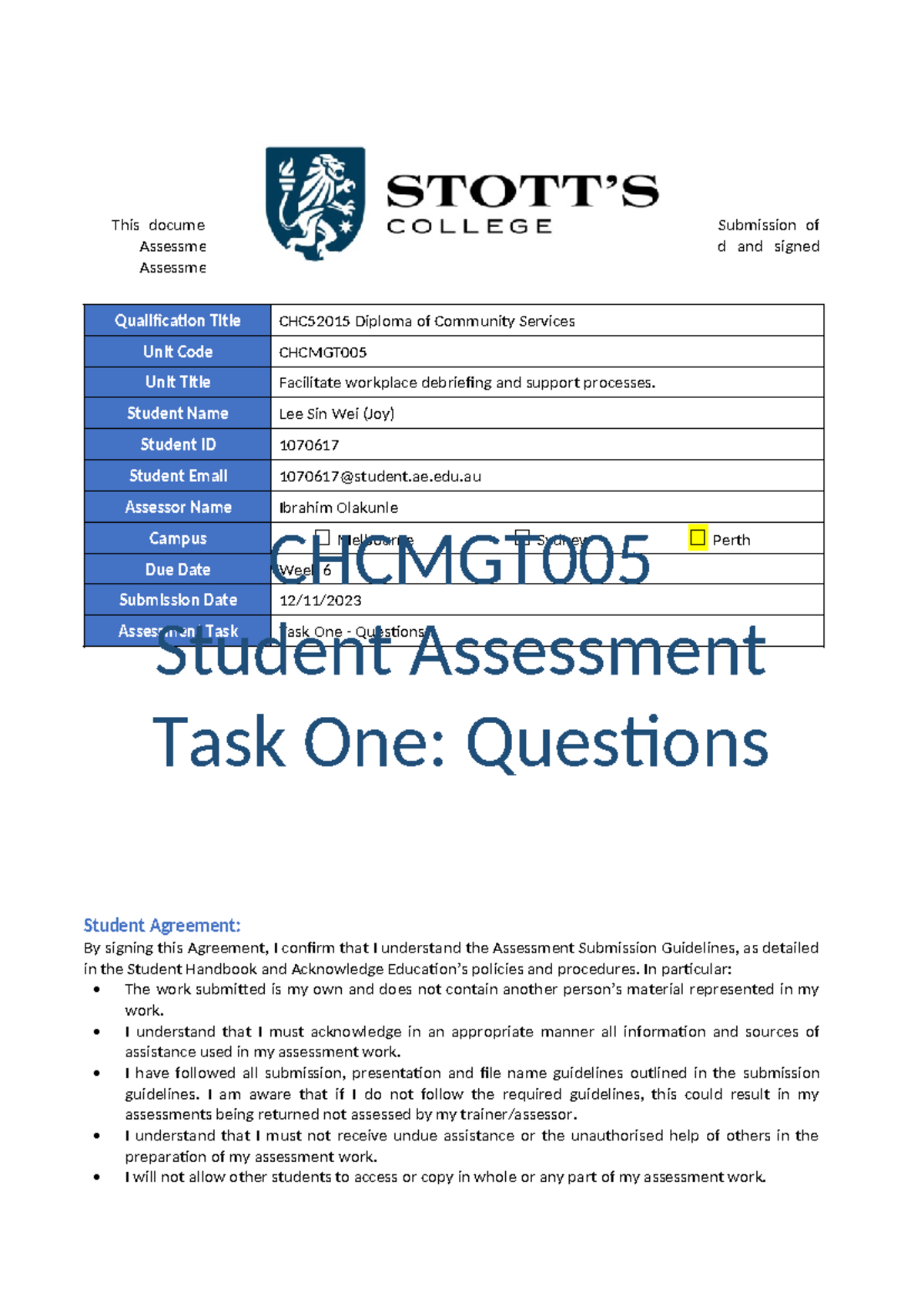 CHCMGT005 Task One: Assessment Cover Sheet & Questions Guide - Studocu