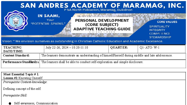 Personal Development (CORE SUBJECT) Adaptive Teaching Guide for Grade ...