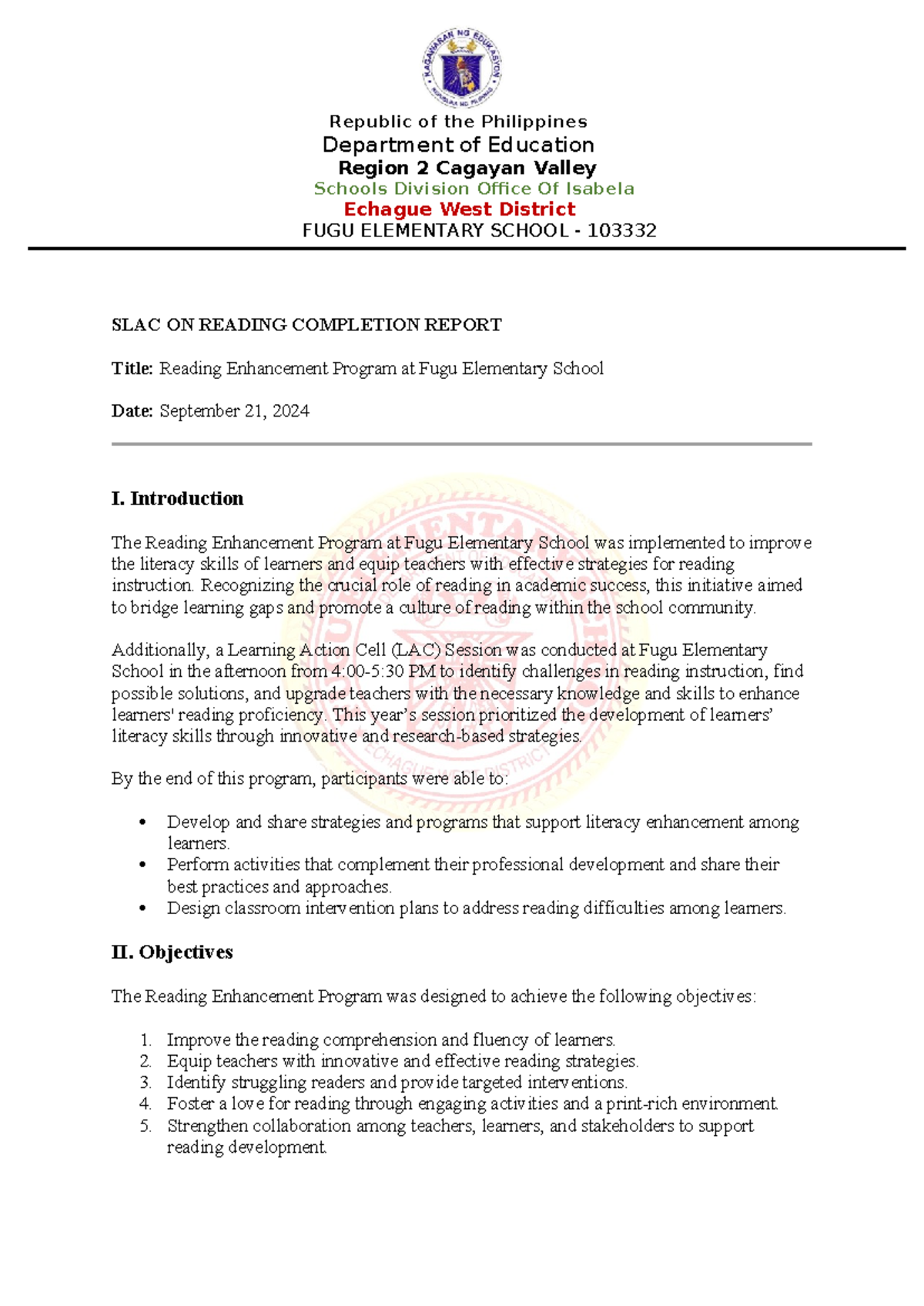 Slac Narrative - SLAC - Republic of the Philippines Department of ...