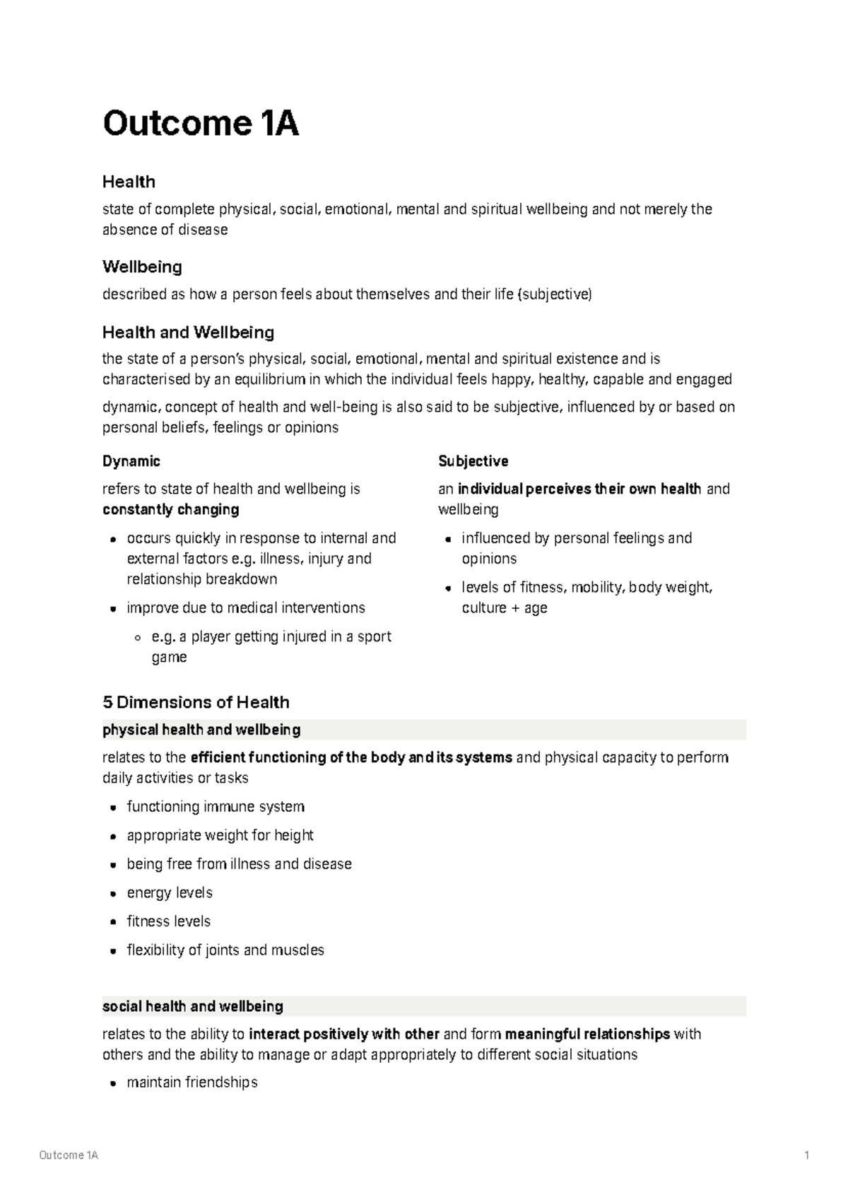 Unit 3 Outcome 1A: Understanding Health and Wellbeing Dimensions - Studocu