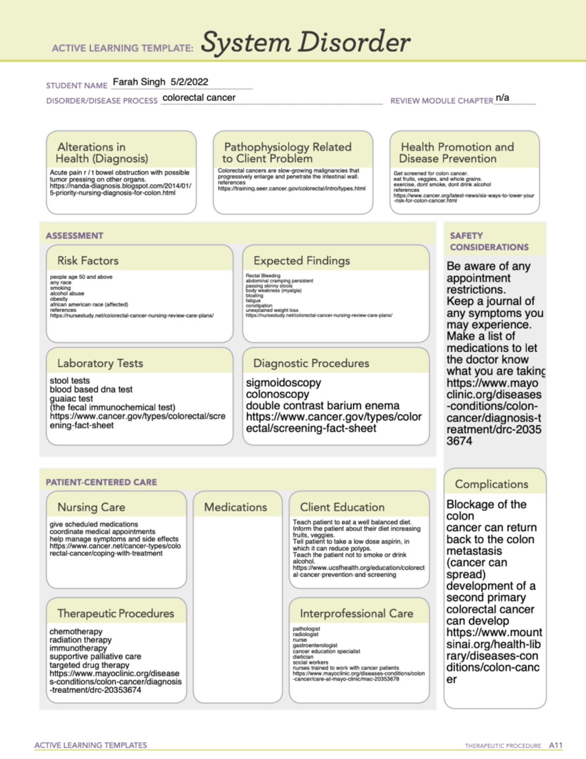 Colon cancer template - ACTIVE LEARNING TEMPLATE: System Disorder ...