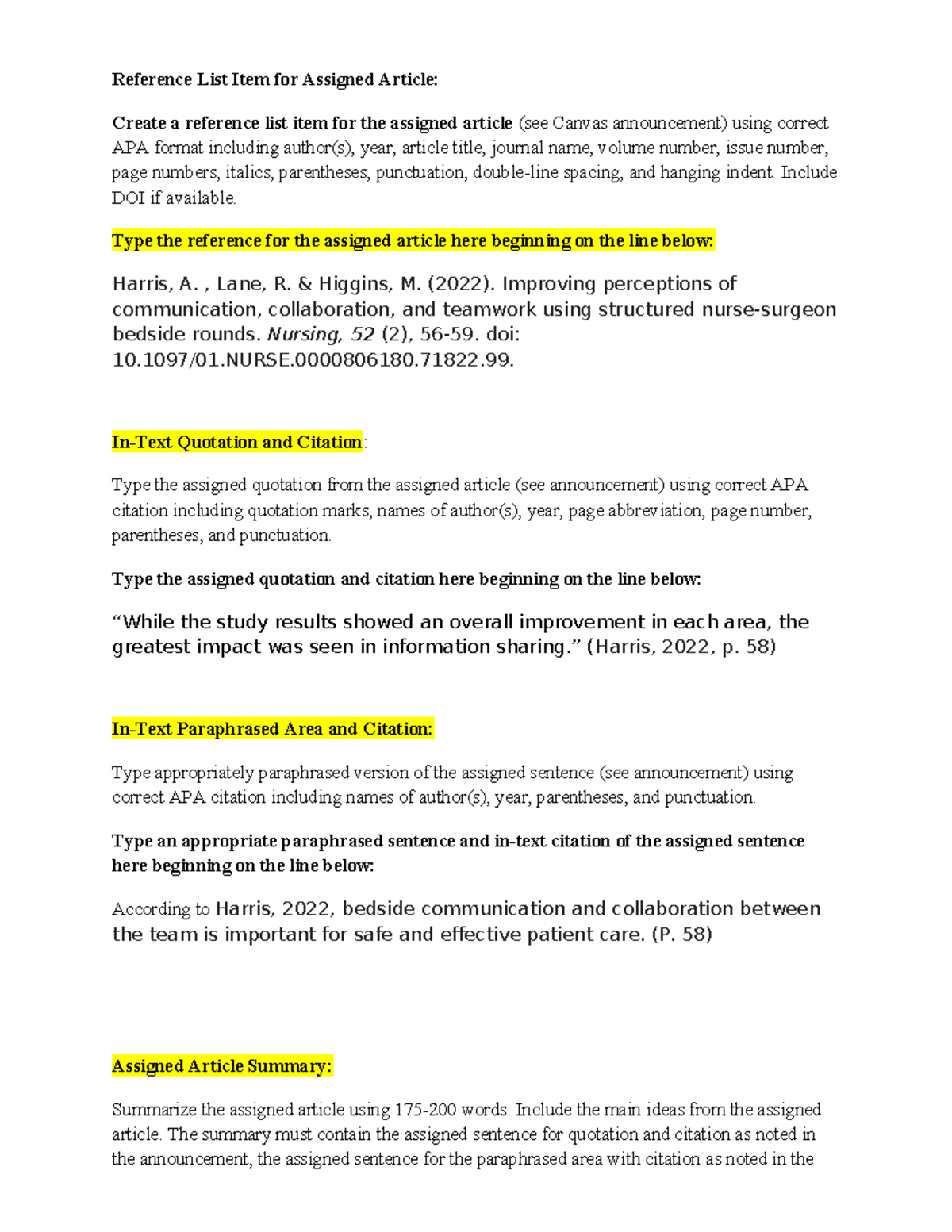 APA Reference List and Summary for Nursing Article NURS 101 - Studocu