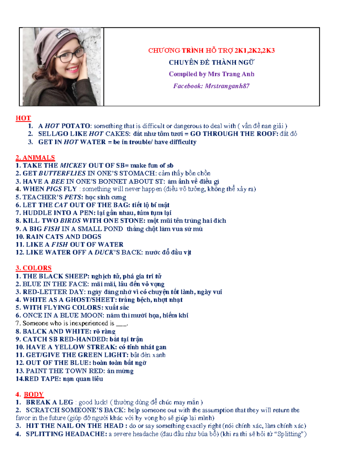 LÝ THUYẾT THÀNH NGỮ - Tiếng Anh 2K1,2K2,2K3 Compiled by Mrs Trang Anh ...