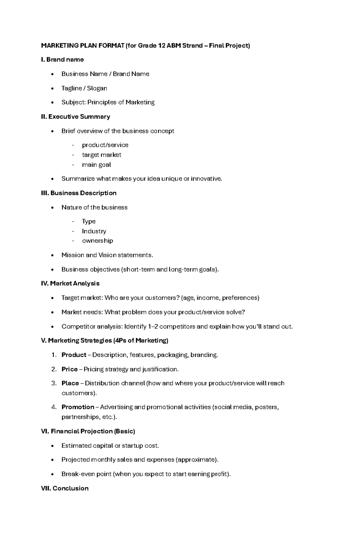 Grade 12 ABM Strand: Marketing Plan Format for Final Project - Studocu