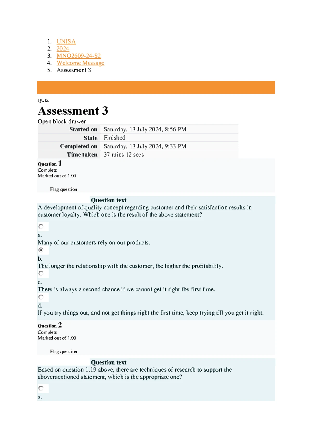MNO2603 Assignment 3 Quiz Results - Due April 17, 2024 - Studocu