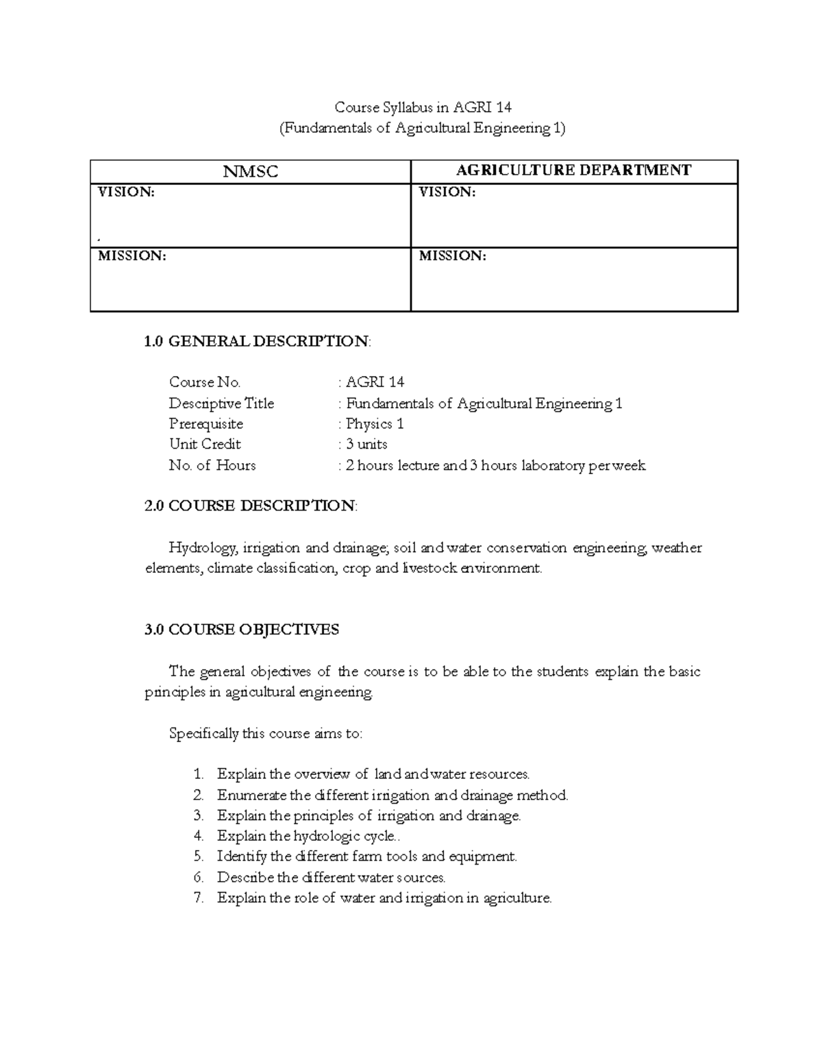 AGRI 14 Syllabus: Fundamentals of Agricultural Engineering 1 - Studocu