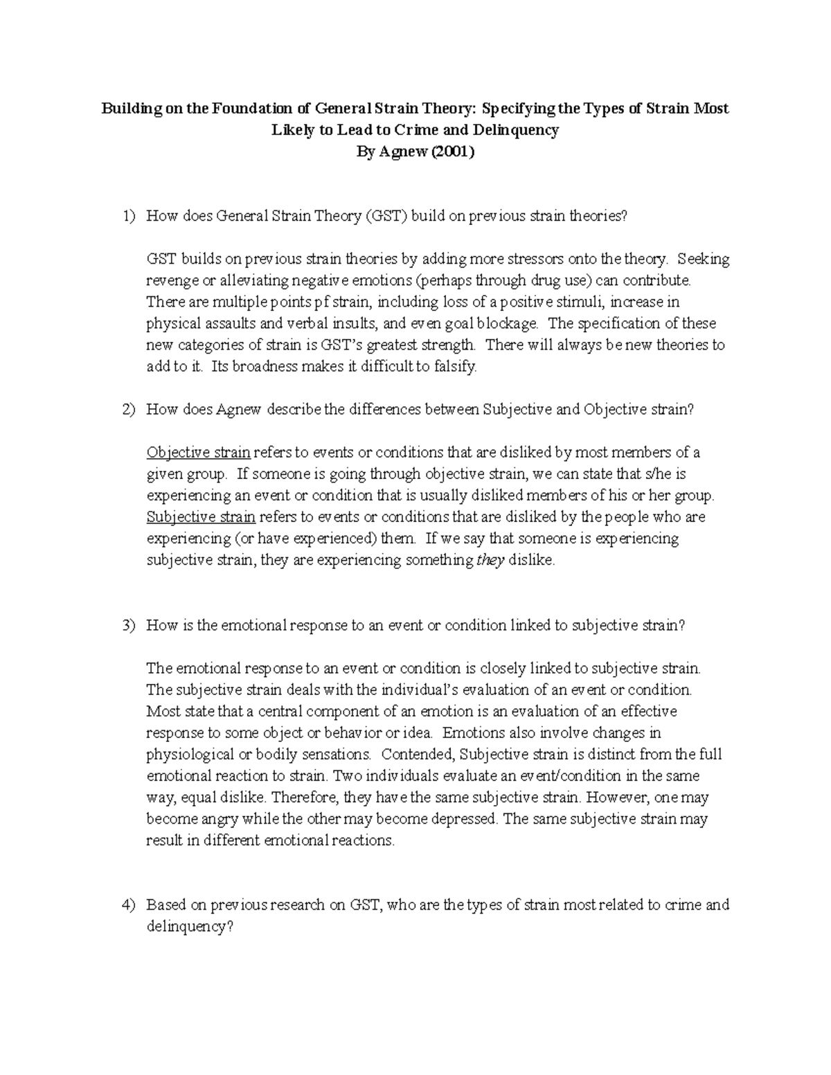 Agnew (2001) Q&A on General Strain Theory and Crime - Studocu