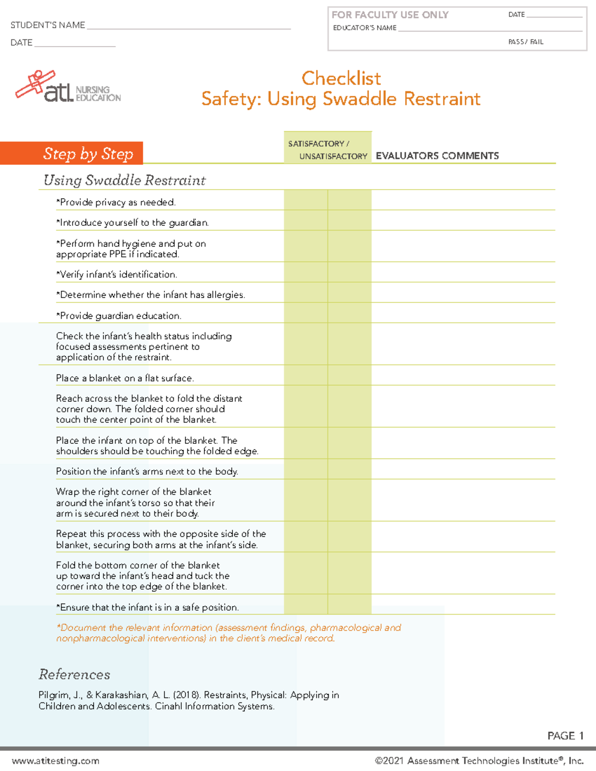 Ati Safety Using Swaddle Restraint checklist - atitesting ©2021 ...