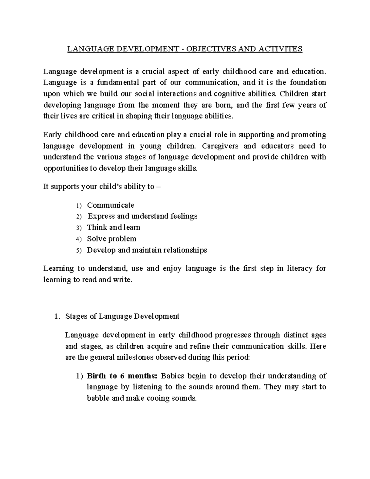 Language Development Objectives and Activities for Early Childhood ...