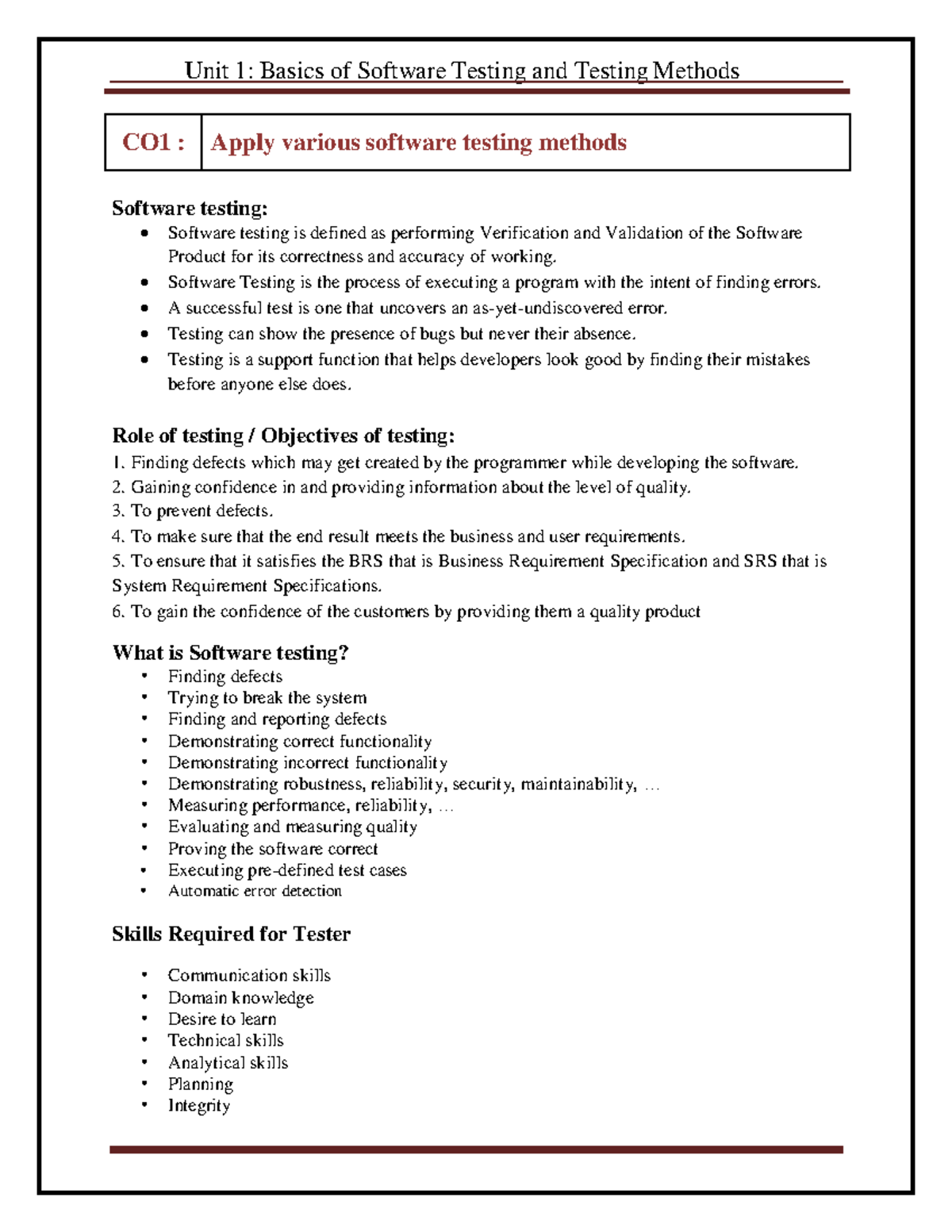 Unit 1: Fundamentals of Software Testing Methods CO1 - Studocu