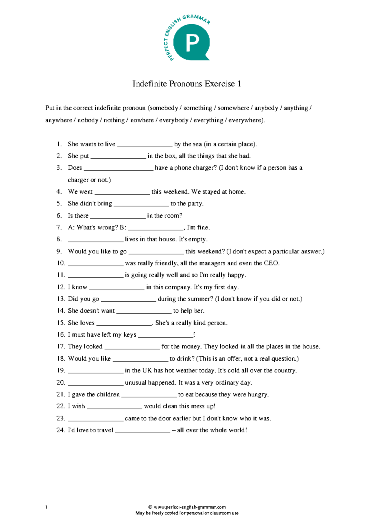 Indefinite Pronouns Exercise 1: Fill in the Blanks with Correct Terms ...