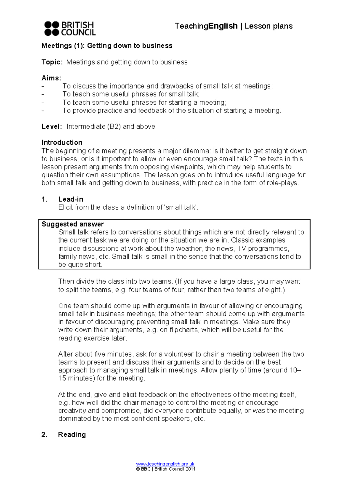 Meetings 1: Getting Down to Business Lesson Plan (B2) - Studocu