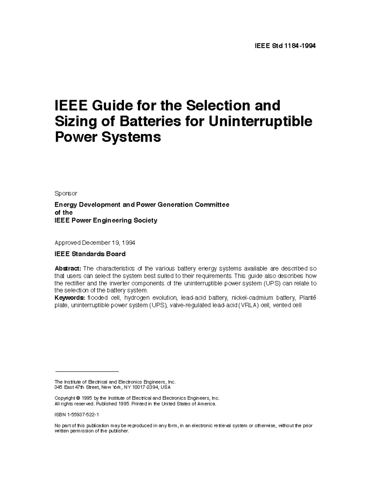 IEEE Std 1184-1994 Guide for Selecting & Sizing UPS Batteries - Studocu