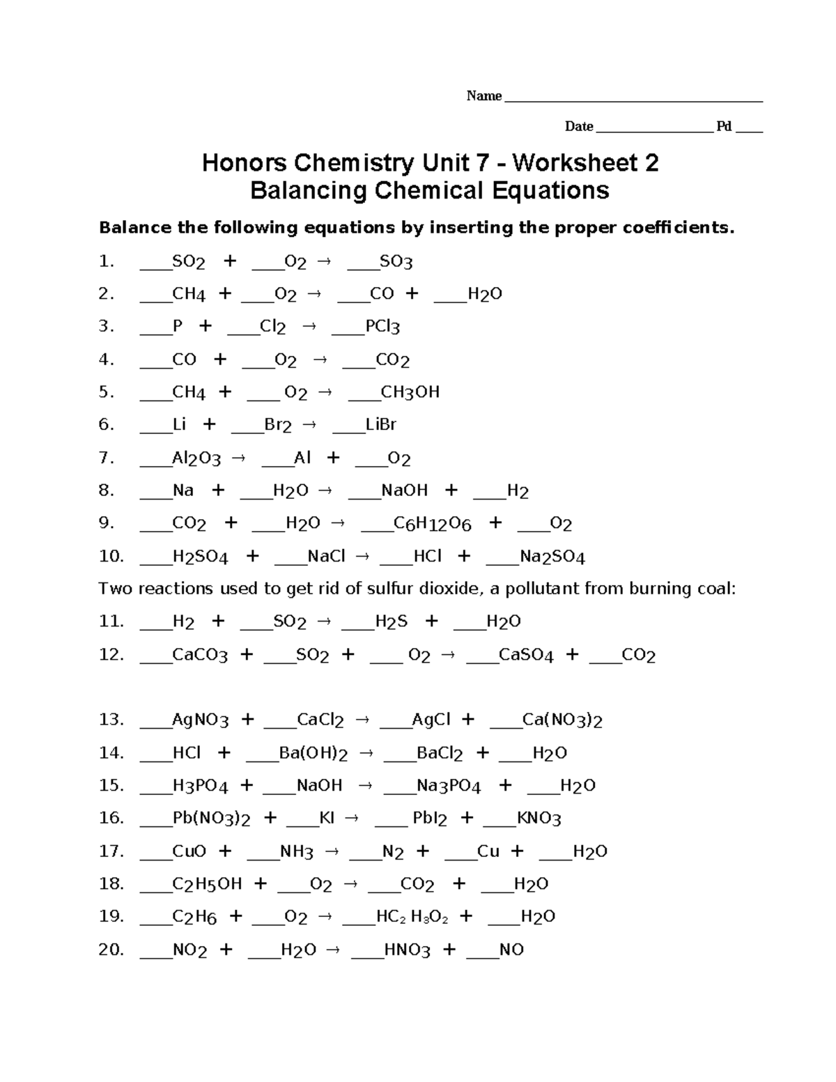 04 Worksheet 2 More Balancing Equations - Name Date Pd Honors Chemistry ...