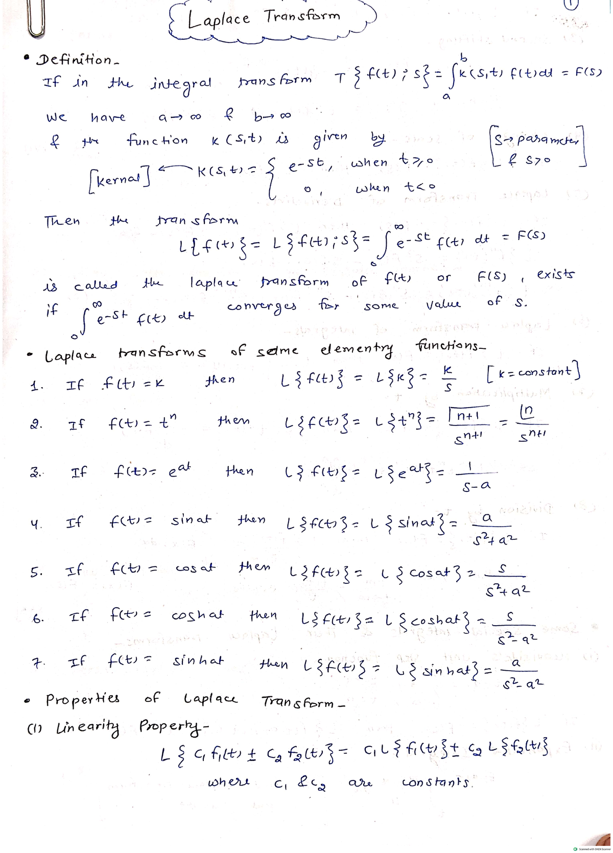 Laplace Transform and Complex Analysis Notes for MATH 101 - Studocu