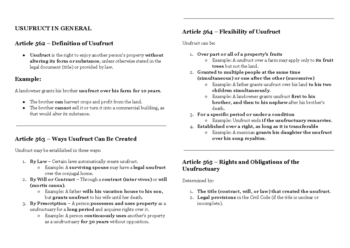 Usufruct - Comprehensive Review of Rights and Obligations - Studocu
