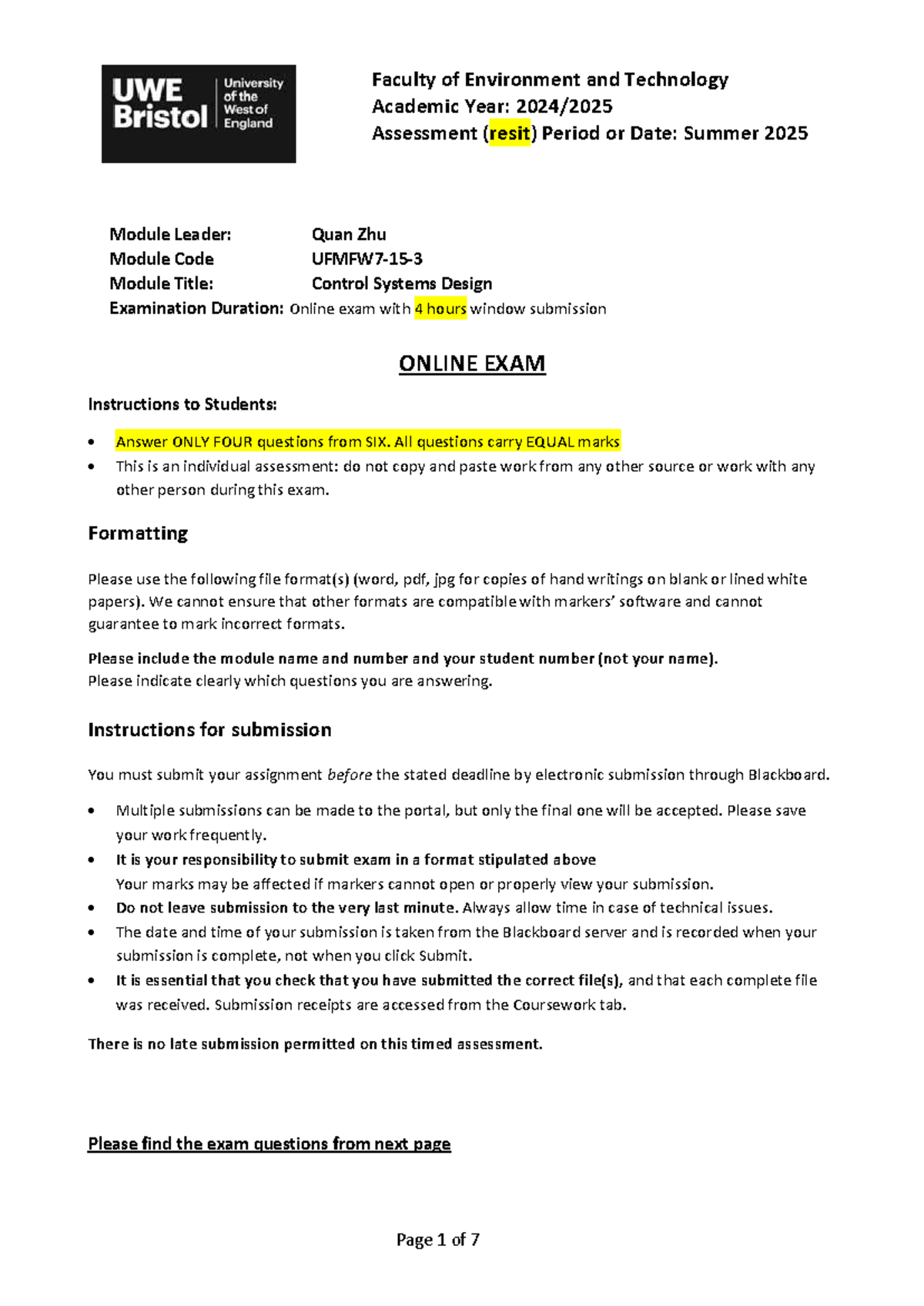 Control Systems Design Resit Exam - Summer 2025 - Studocu