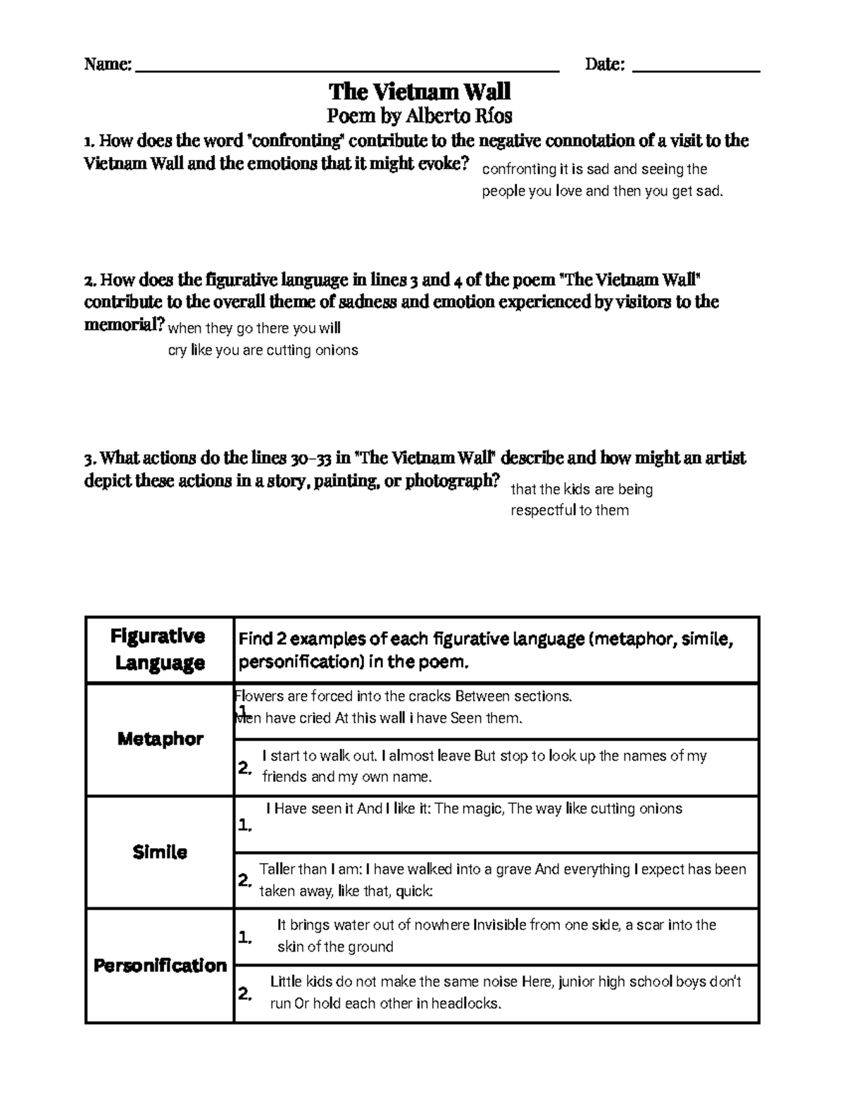 Vietnam Wall Poem Questions - Kami Export by Jaleel Mcdonald - Studocu