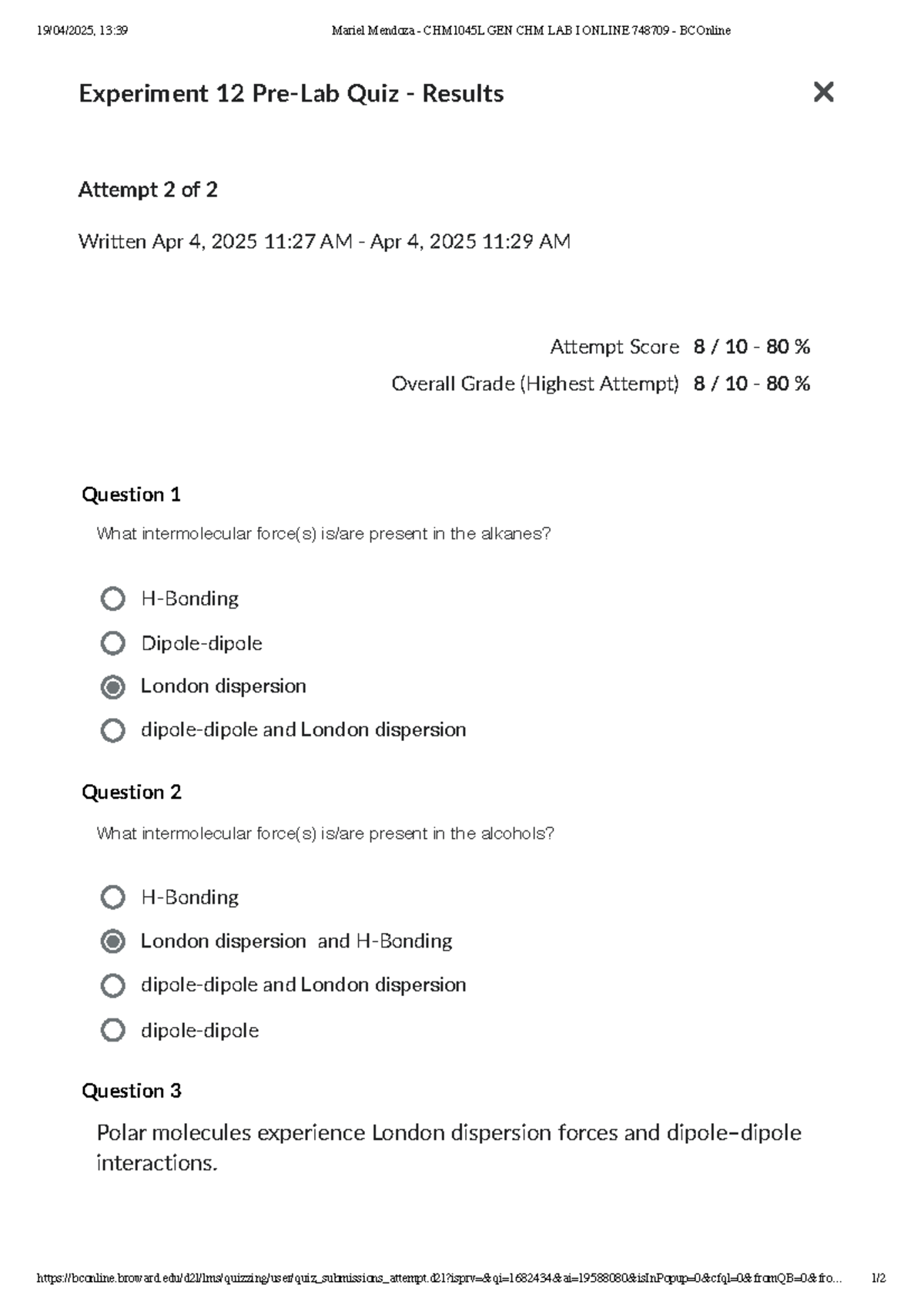 Quiz 12 Results - CHM1045L GEN CHM LAB I Online 748709 - Studocu