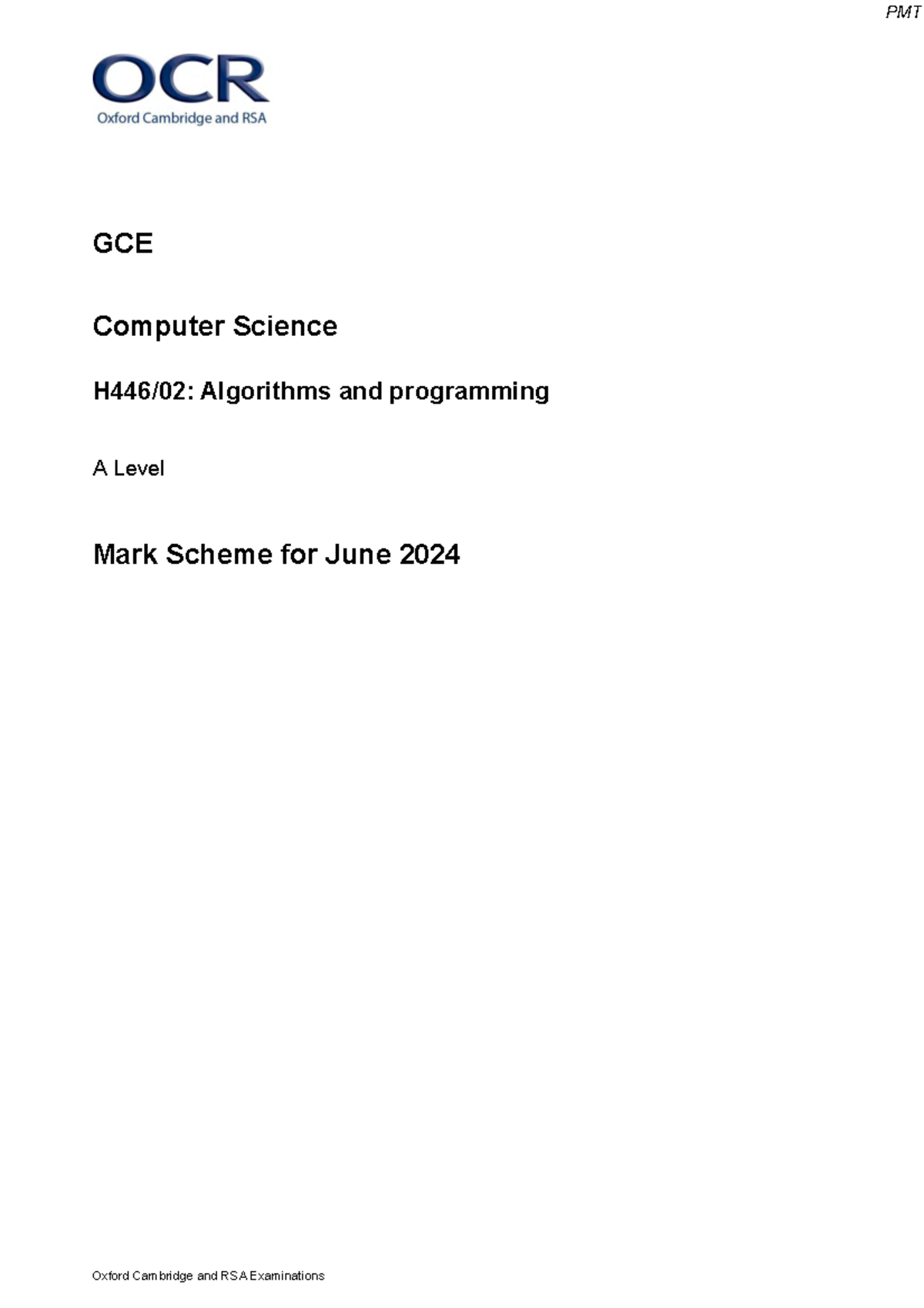 June 2024 A Level Mark Scheme for OCR Computer Science Paper 2 - Studocu