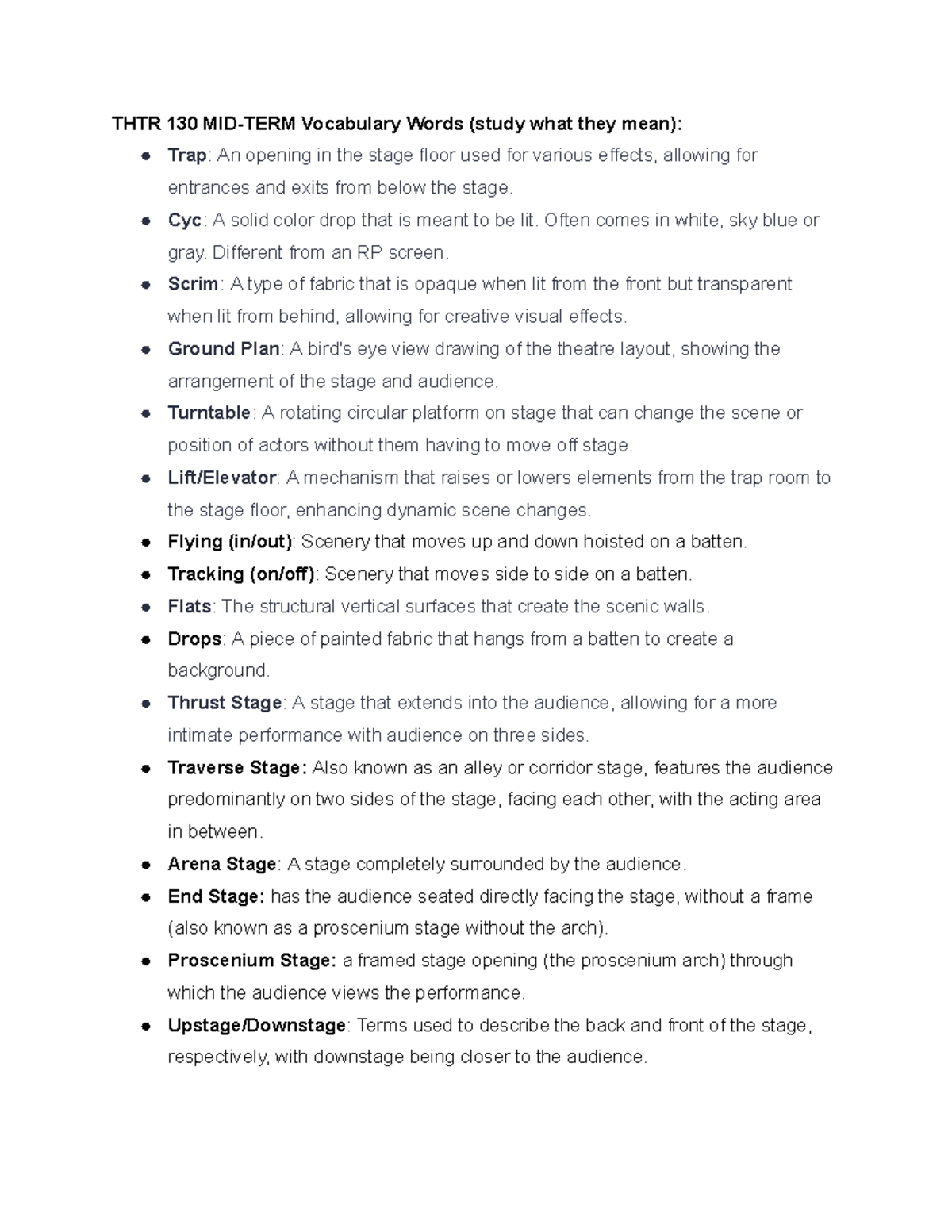 THTR 130 Midterm Review: Key Vocabulary and Concepts - Studocu