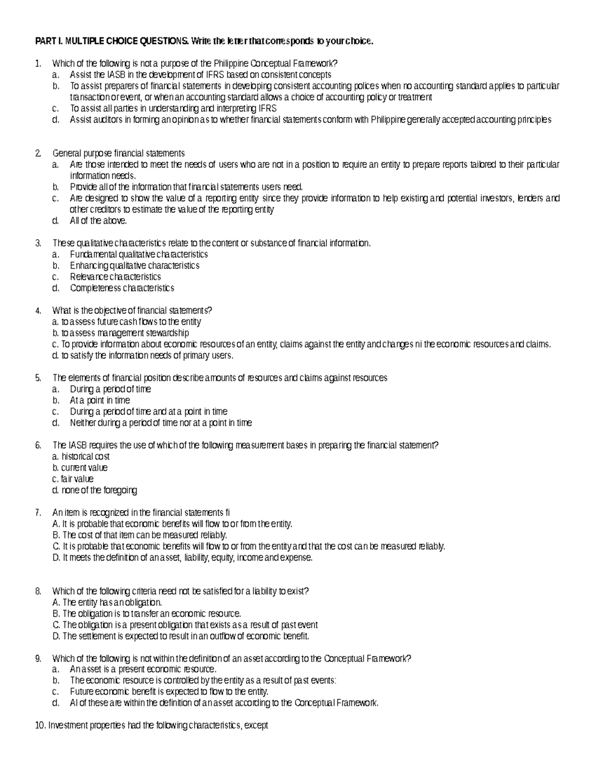 PART I: MCQs on Philippine Conceptual Framework (ACCT 101) - Studocu