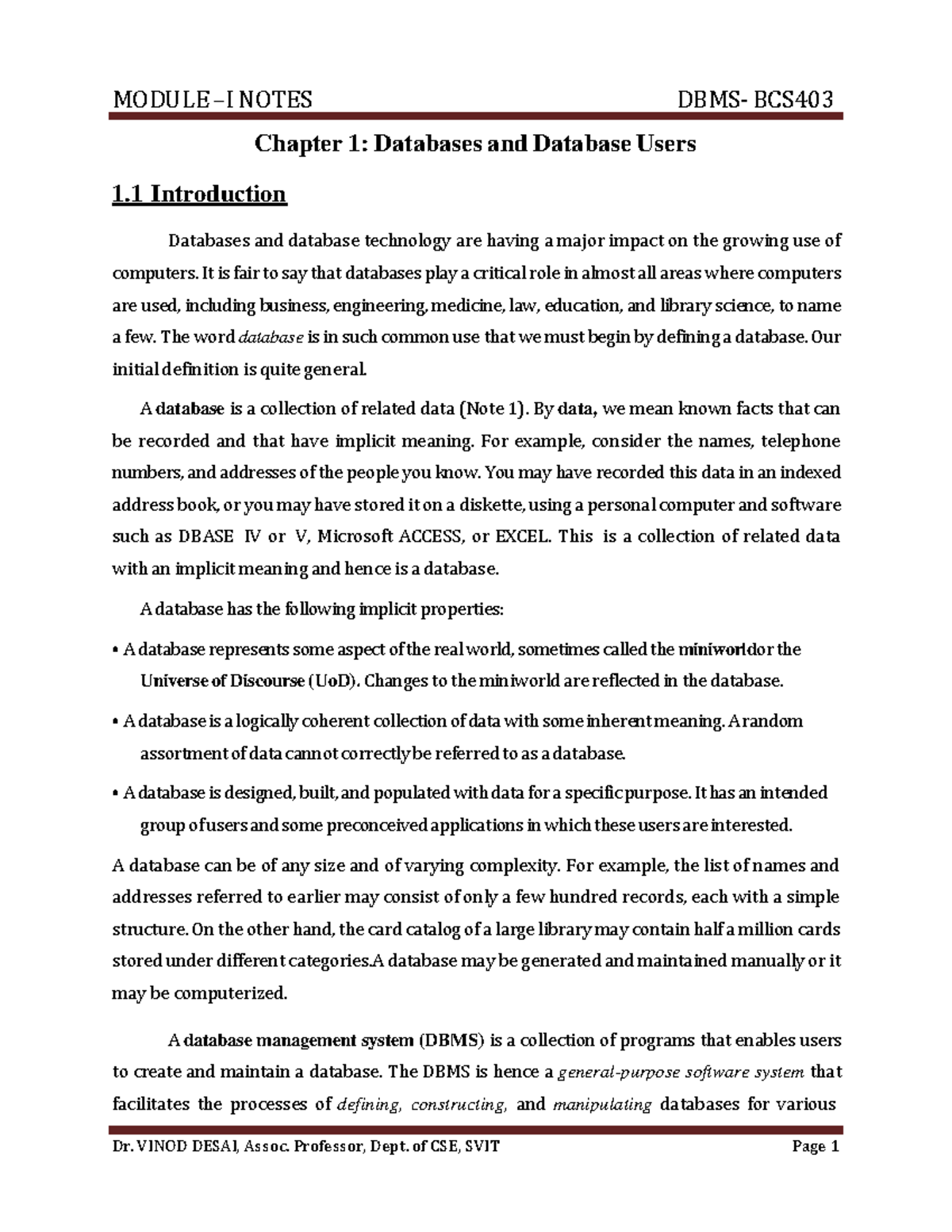 BCS403 Module I Notes: Introduction to Databases and DBMS Concepts ...