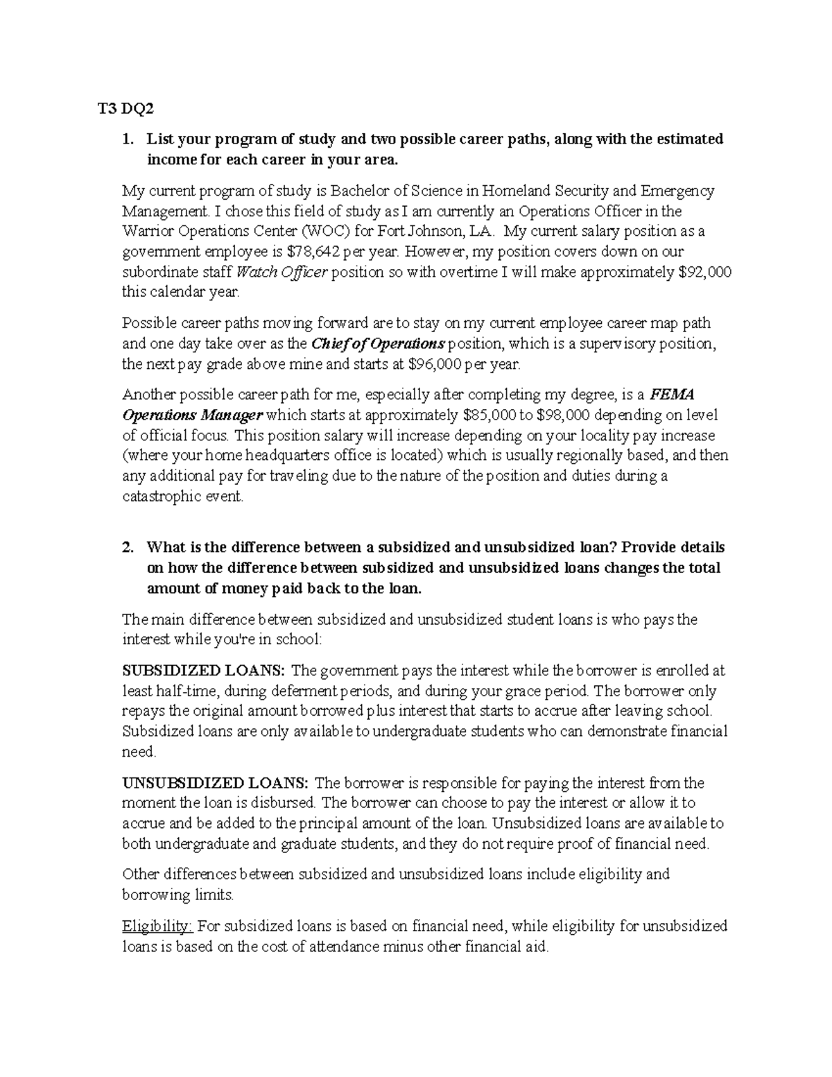 MAT 144 Topic 3 DQ 2 - Career Paths & Loan Differences Notes - Studocu
