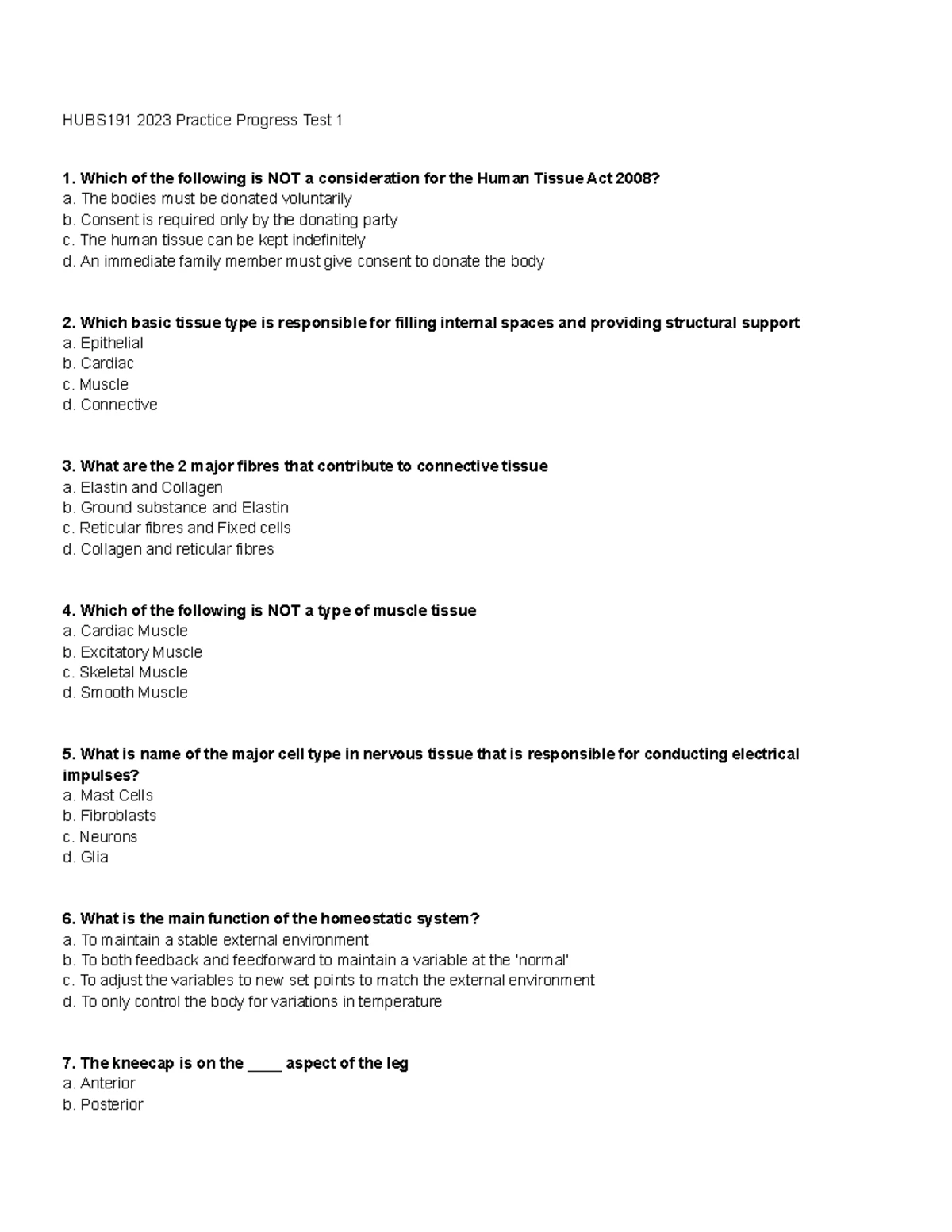 HUBS191 Practice Questions: Gait Cycle & Muscle Activity Test - Studocu