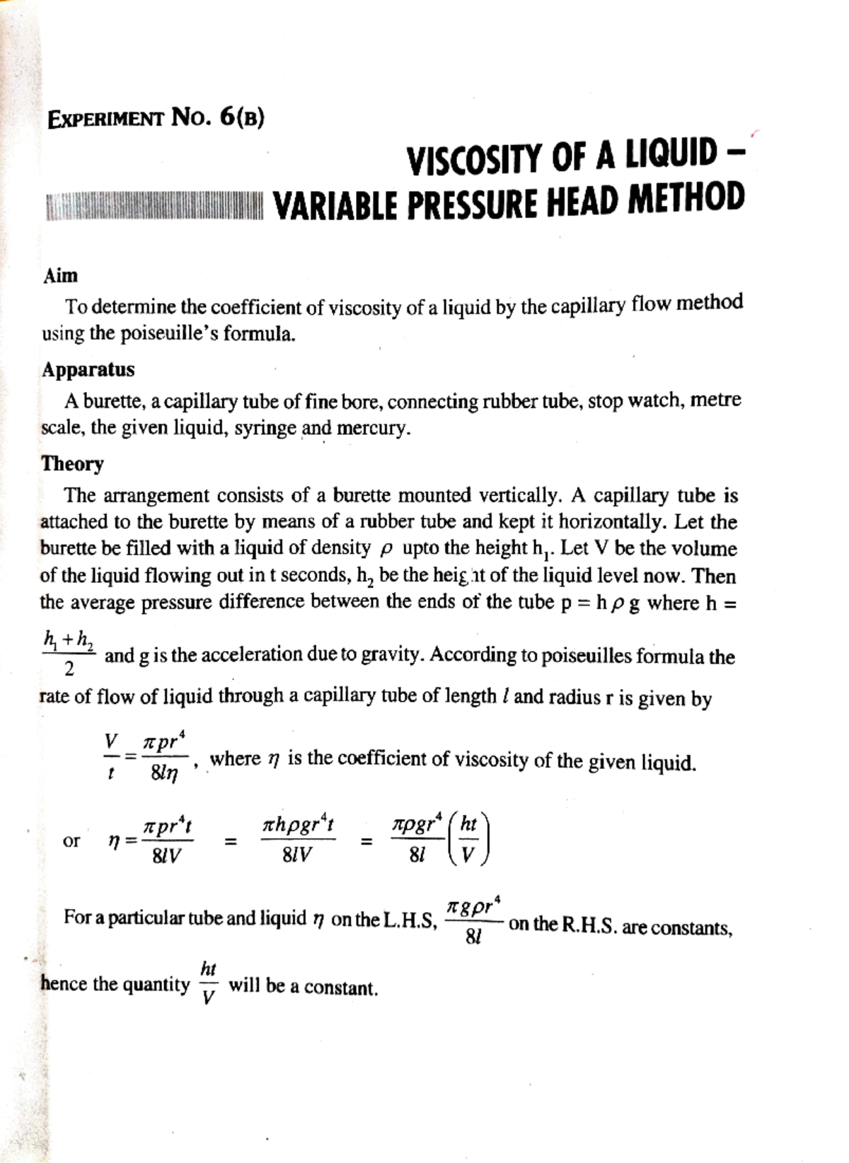 Determining Viscosity Using Variable Pressure Head Method - Expt 6(B ...
