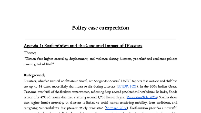 Policy Case Competition Agenda: Ecofeminism & Disaster Resilience - Studocu