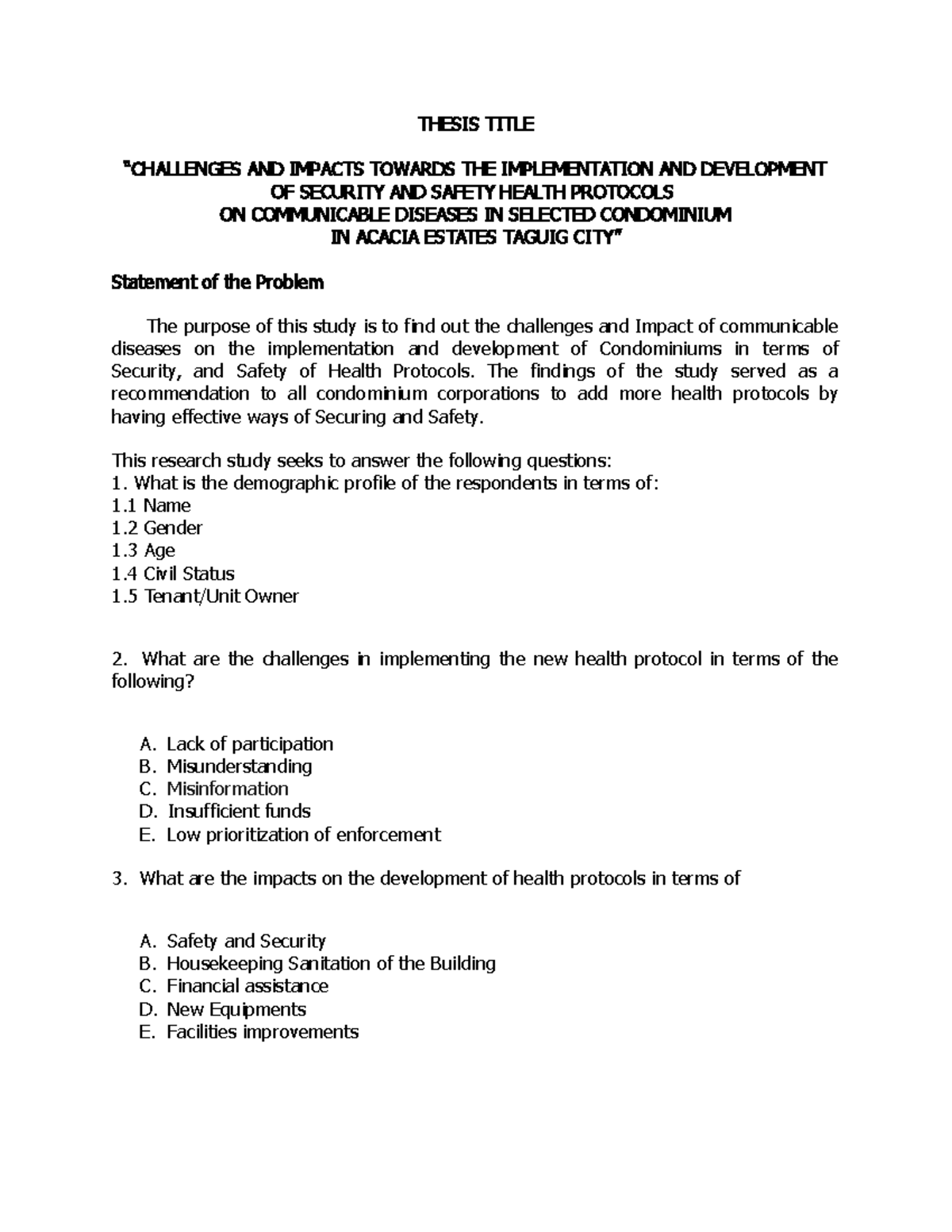 Survey Questionnaire - THESIS TITLE “CHALLENGES AND IMPACTS TOWARDS THE ...