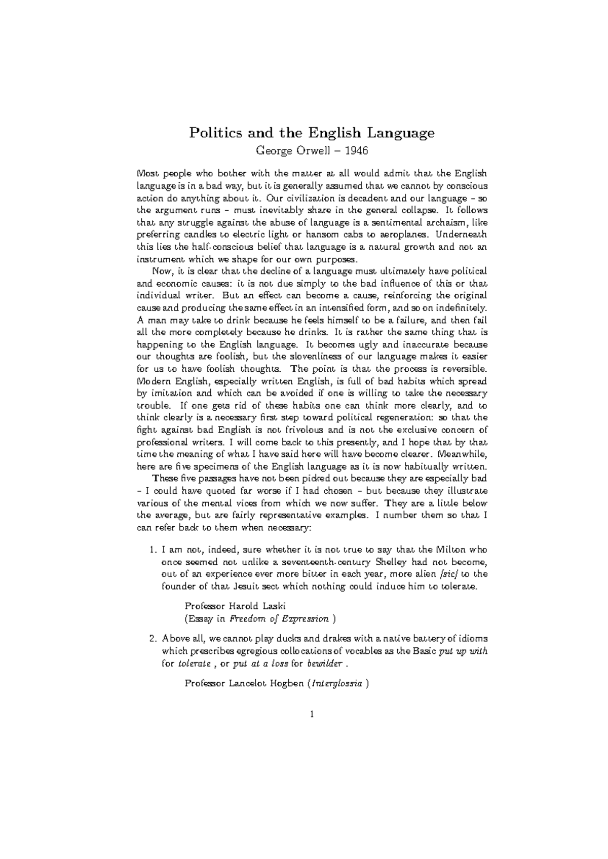 Orwell's Politics and the English Language: A Critical Analysis - Studocu