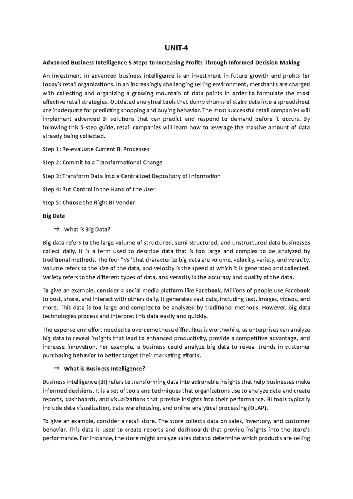 UNIT-4-DWBI: Advanced Business Intelligence Notes and Strategies - Studocu