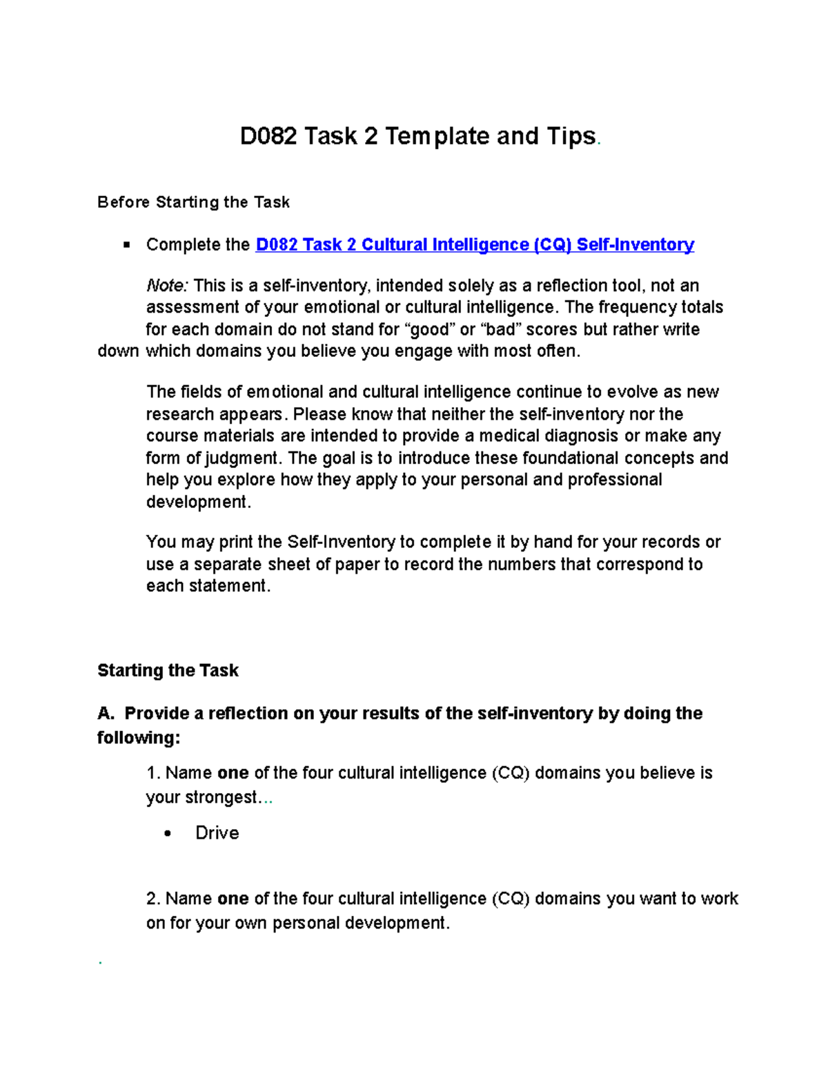 D082 Task 2: Cultural Intelligence Reflection and Development Tips ...