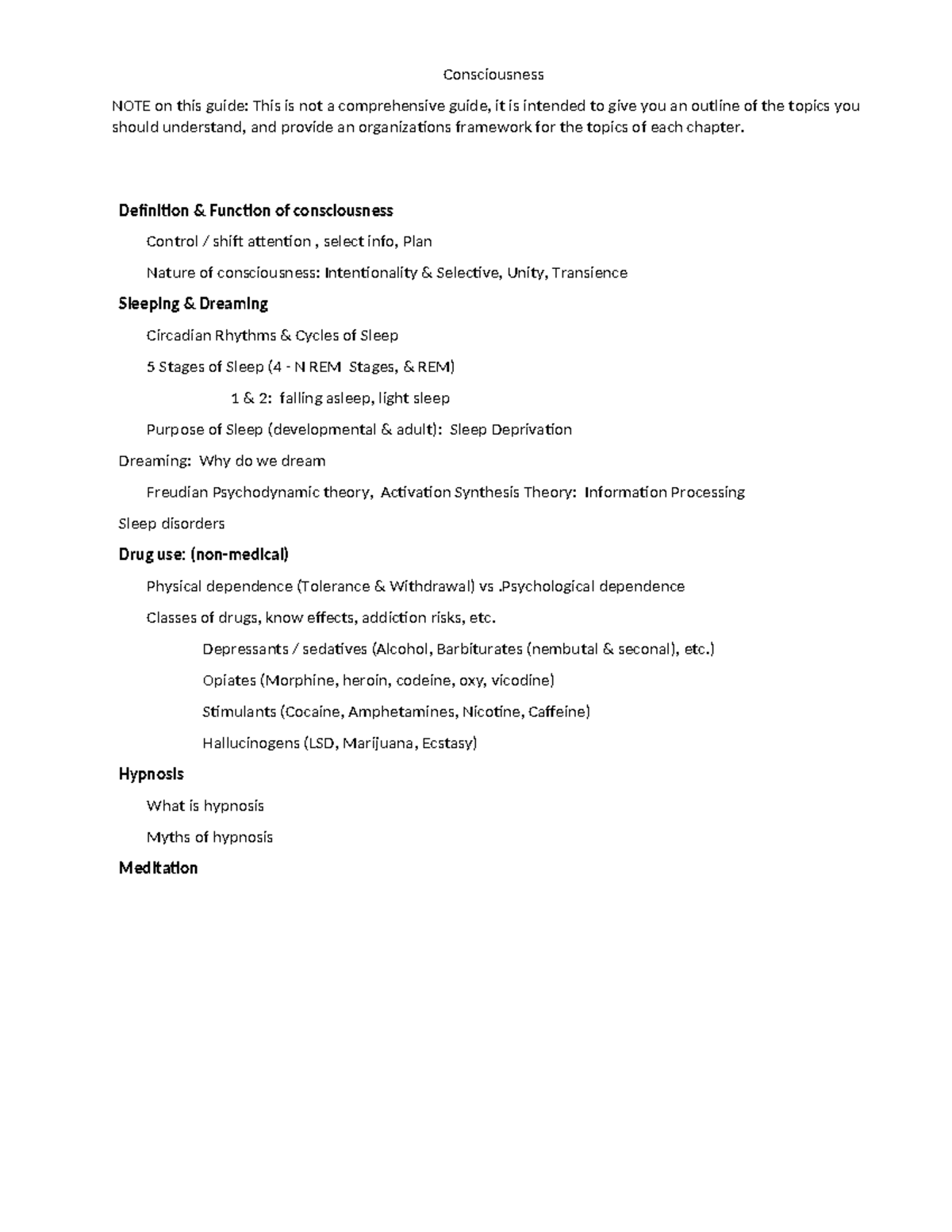 Psychology 101: Outline of Consciousness, Sleep & Drug Effects - Studocu