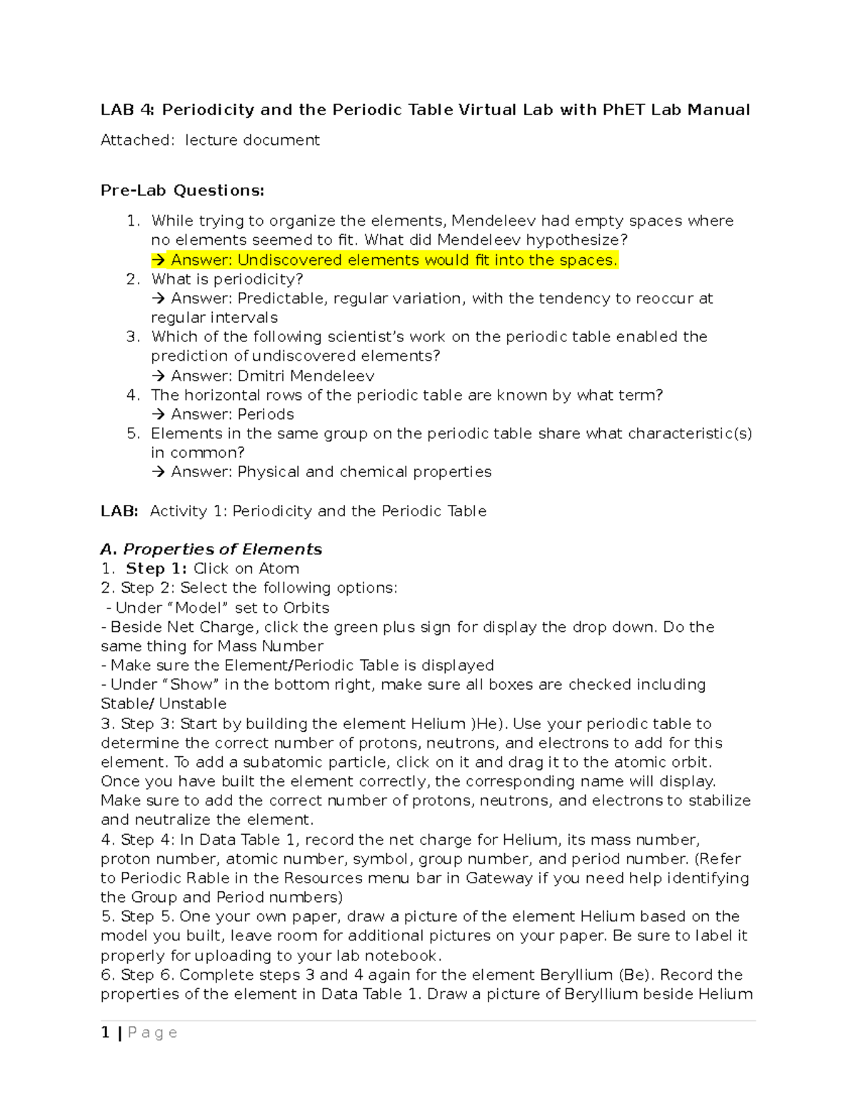 LAB 4: Periodicity & the Periodic Table Virtual Lab Manual with ...