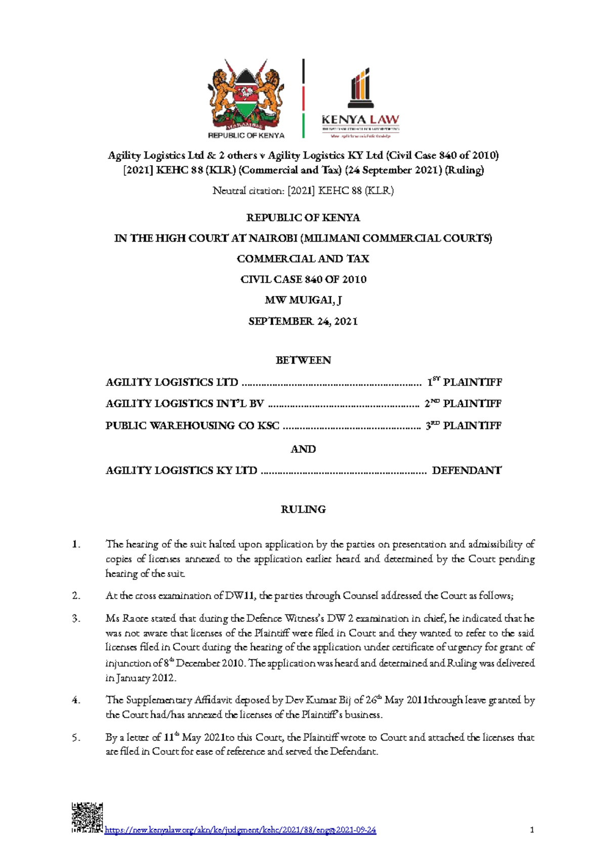 Agility Logistics Ltd v Agility Logistics KY Ltd (Civil Case 840/2010 ...