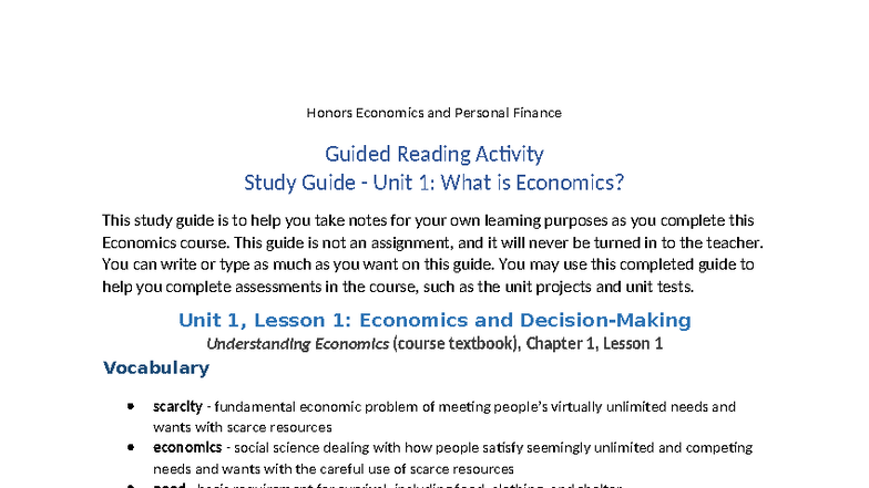 Econ H: Unit 1 Guided Reading Activity Study Guide on Economics - Studocu