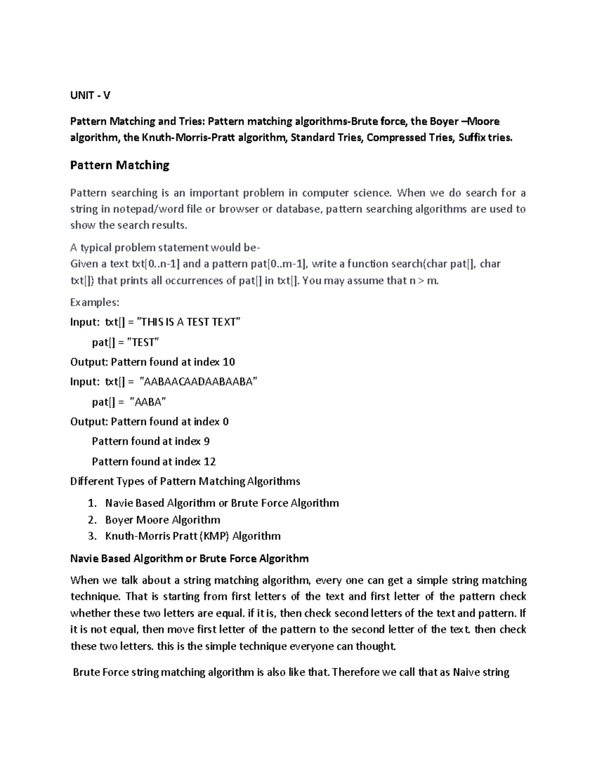 UNIT V - data structure notes r18 jntuh - UNIT - V Pattern Matching and ...