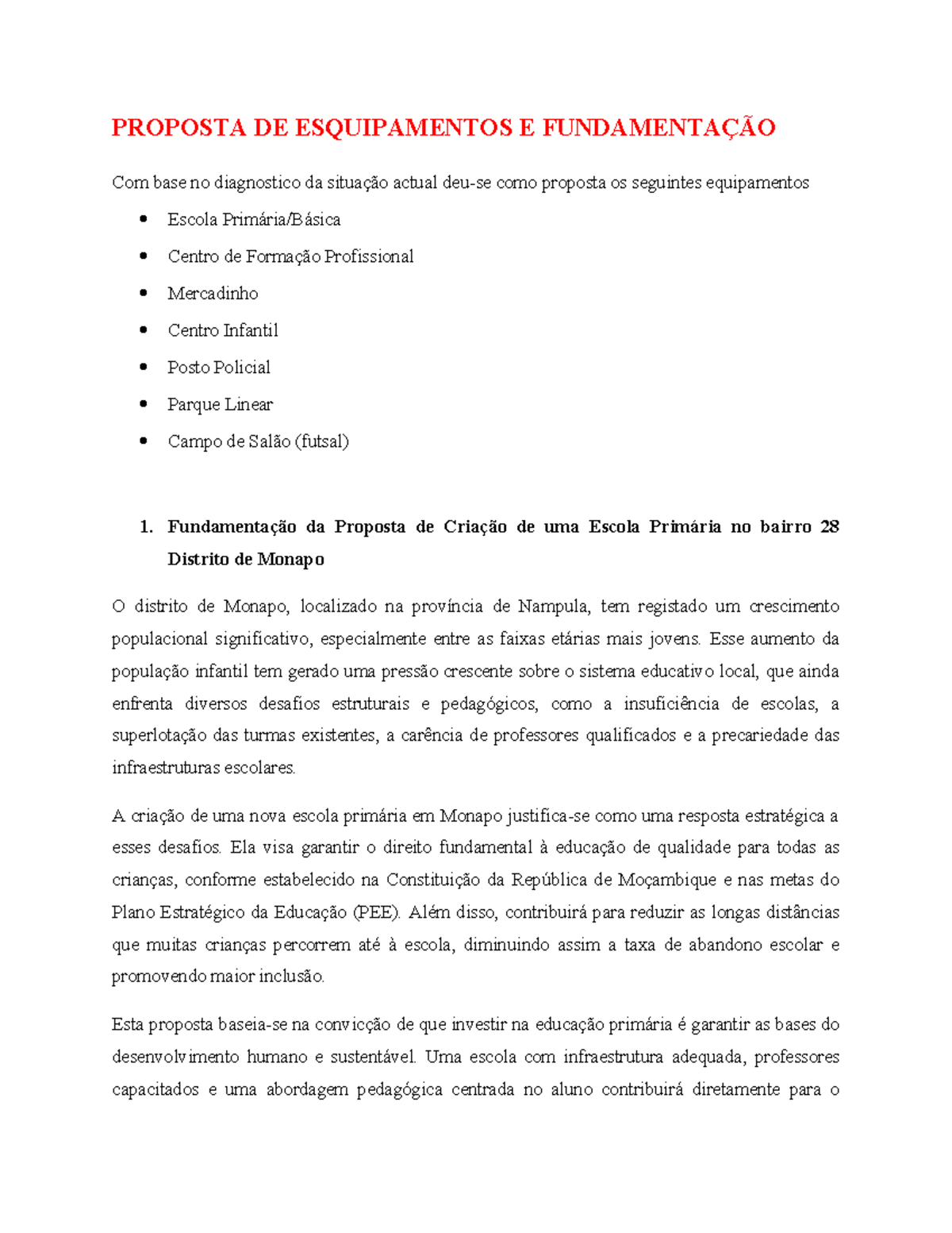 Proposta de Criação de Infraestruturas no Bairro 28 de Monapo - Studocu