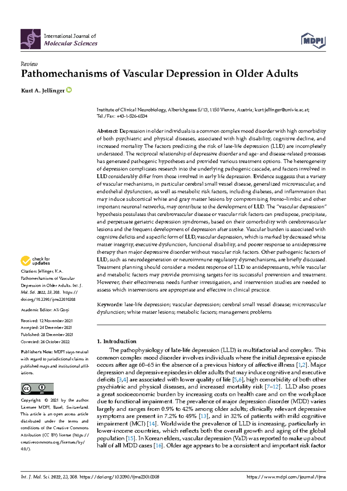 Pathomechanisms of Vascular Depression in Older Adults (IJMS 2022 ...