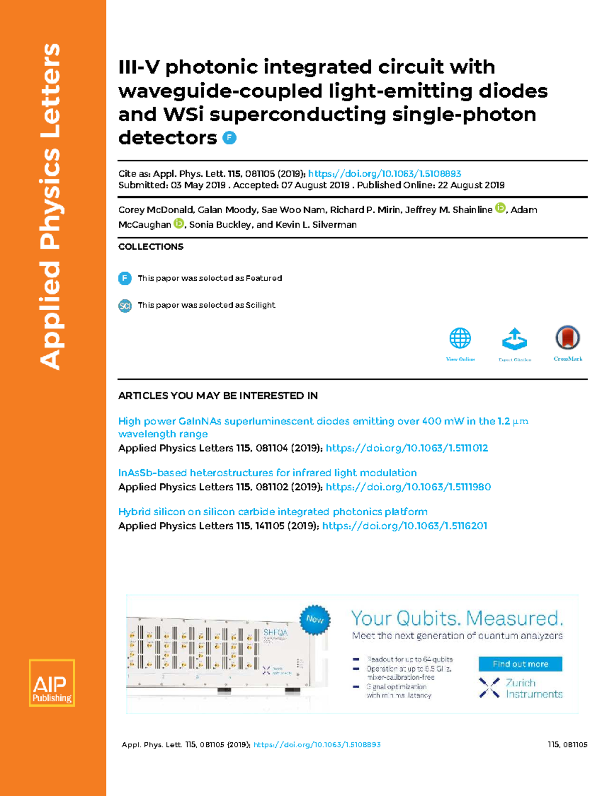 Photonic Integrated Circuit with WSi Detectors: Appl. Phys. Lett. 115, 081105 - Studocu