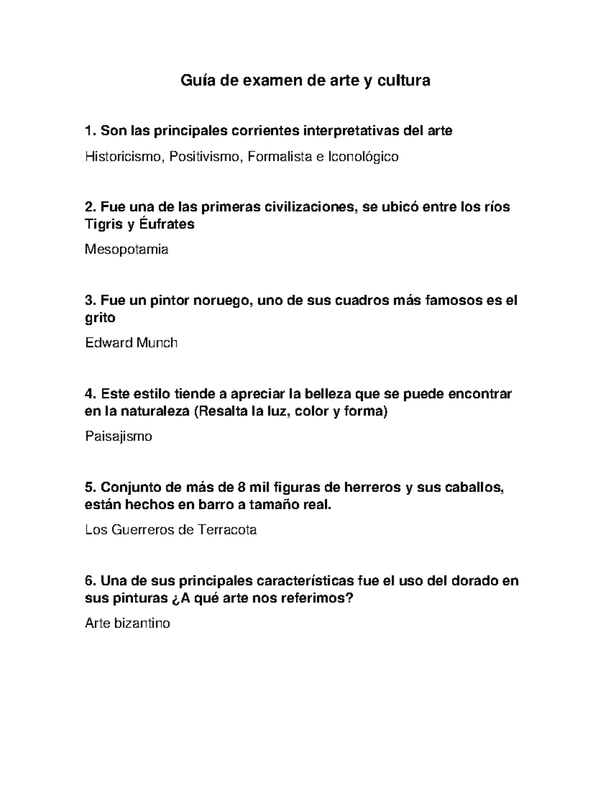 Examen Final ARTE Y Cultura - Guía de examen de arte y cultura Son las ...
