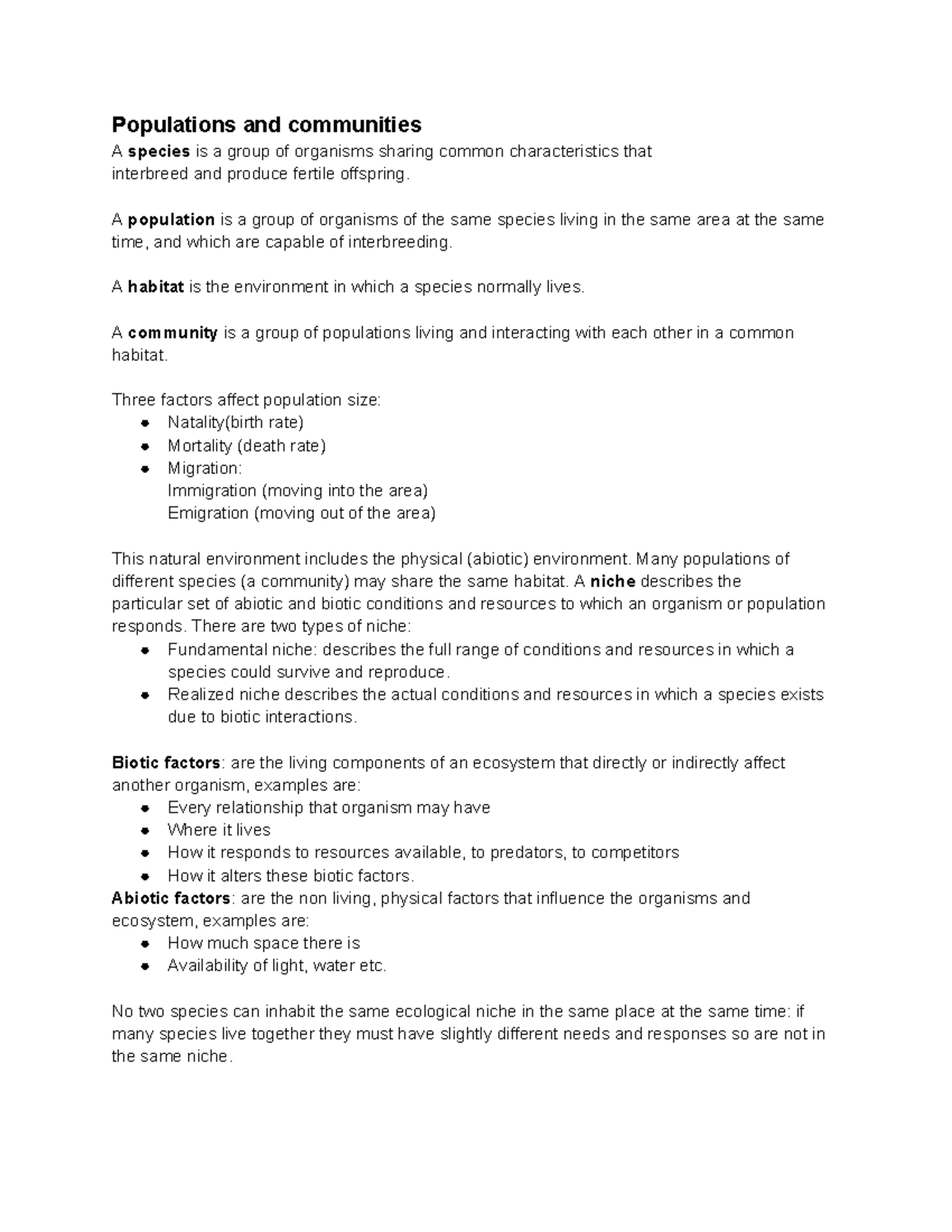 ESS - Unit 2 Test - ESS - Populations and communities A species is a ...