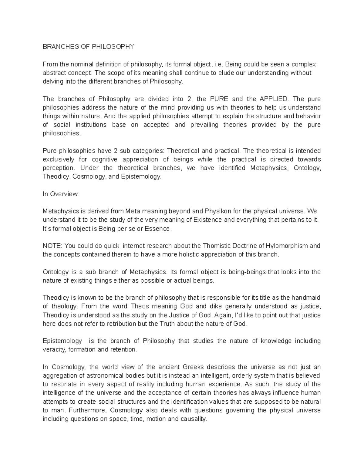 E Thics - Lesson 1 - BRANCHES OF PHILOSOPHY From the nominal definition ...