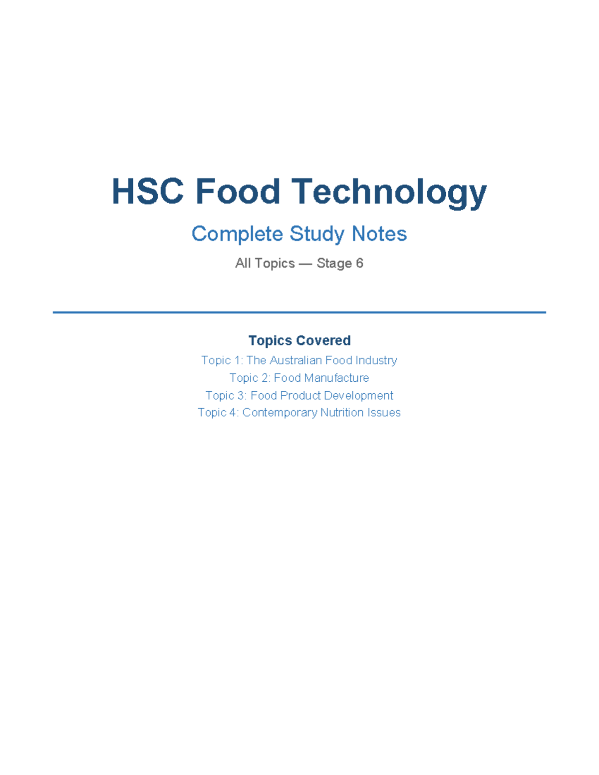 HSC Food Technology Stage 6 Comprehensive Study Notes - Studocu